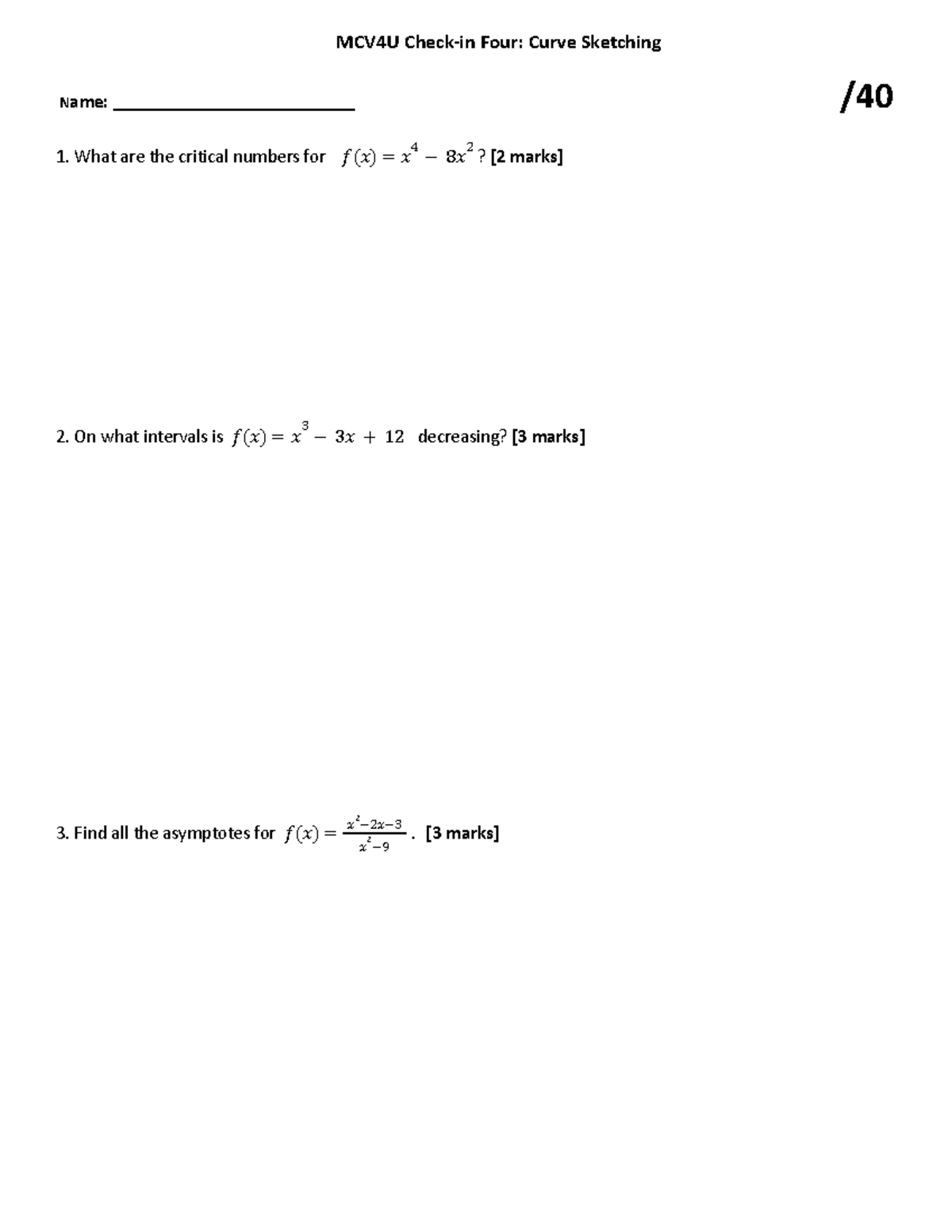 MCV4U Curve Sketching: Critical Numbers & Asymptotes Analysis - Studocu