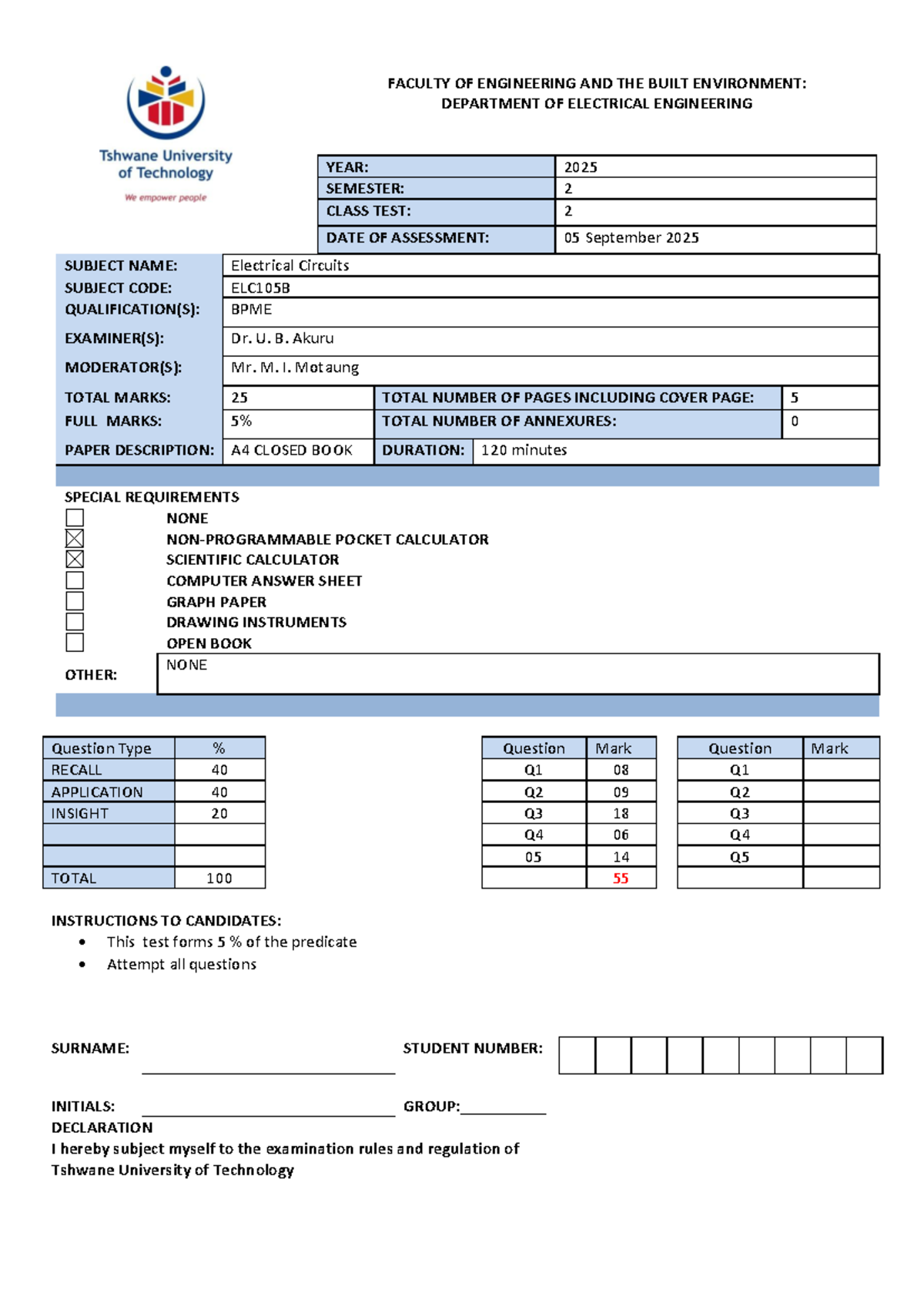 ELC105B Electrical Circuits Class Test 2 Memo - 5 Sept 2025 - Studocu