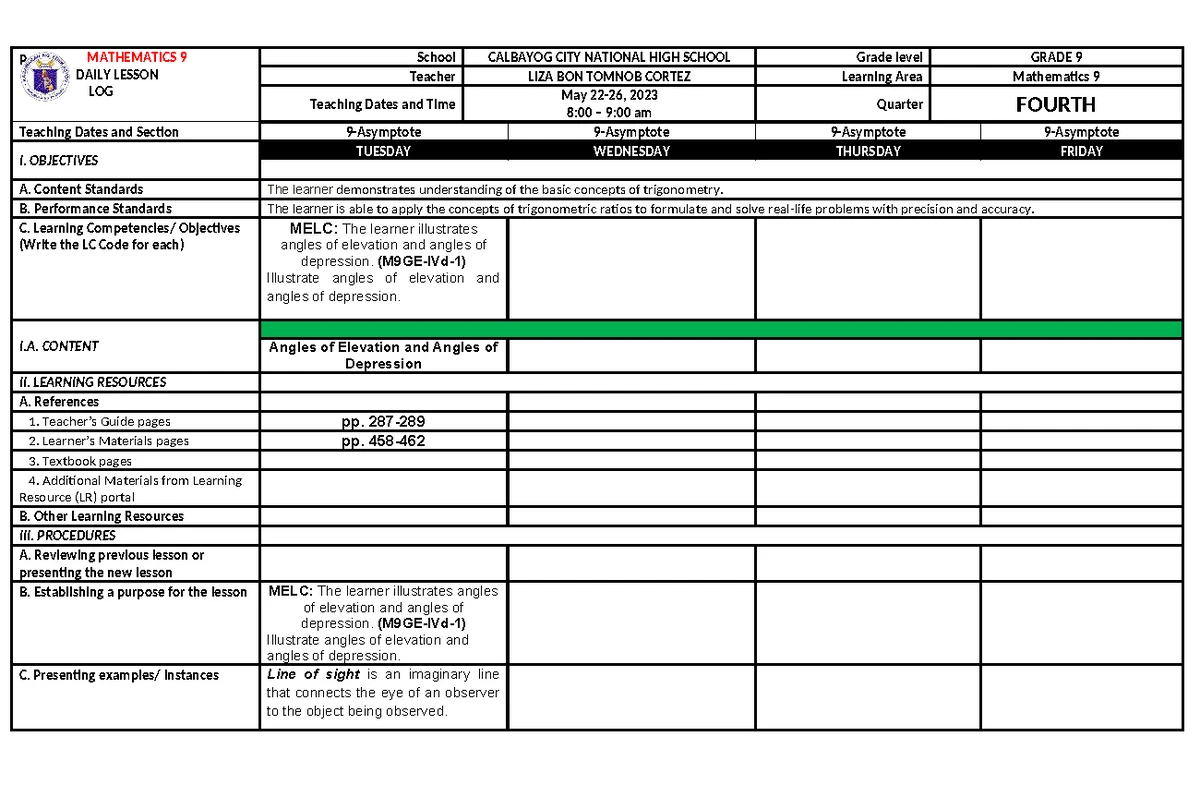 Math 9 Daily Lesson Log (DLL) for May 8-12, 2023: Trigonometry Concepts ...