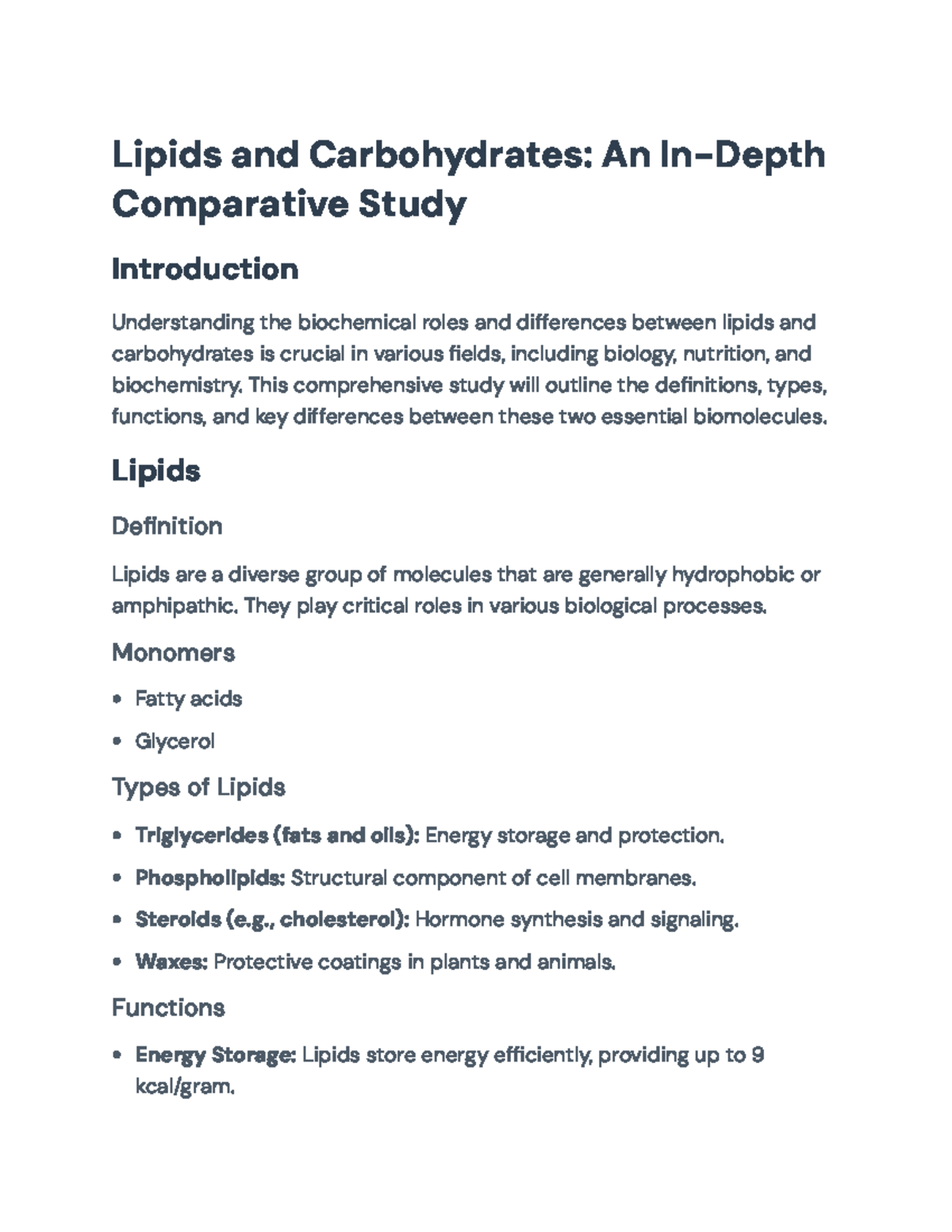 Comparative Study of Lipids and Carbohydrates: Definitions and ...