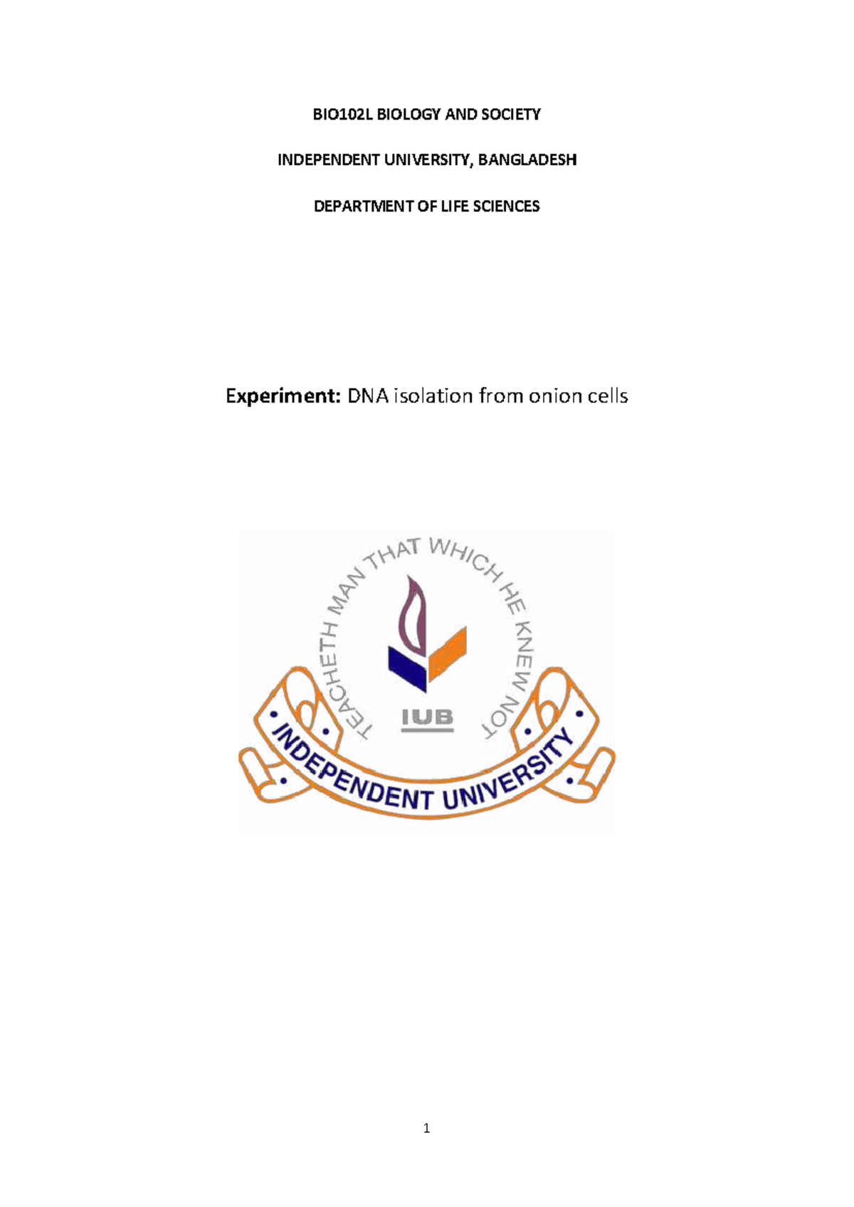 BIO102L DNA Isolation Experiment from Onion Cells - Studocu