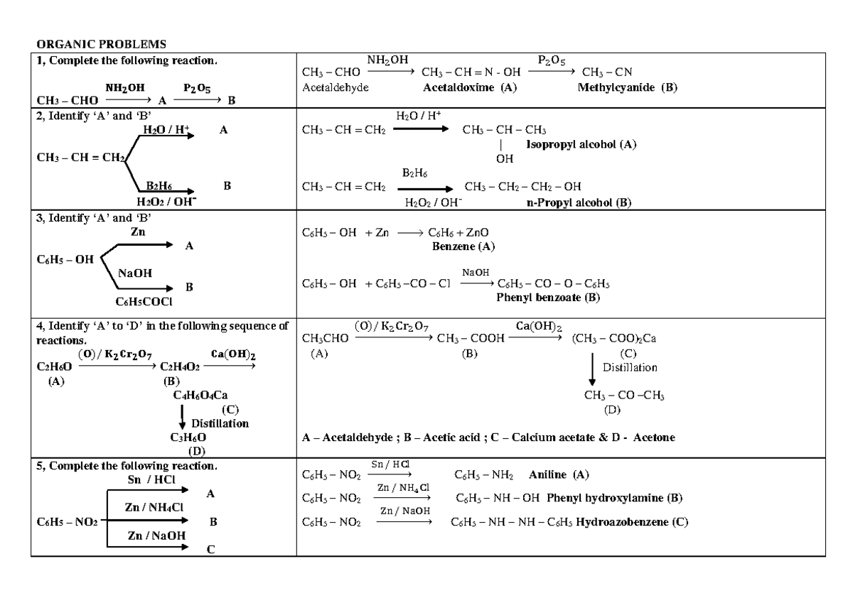 Organic Problems EM: Reaction Completion and Identification - Studocu
