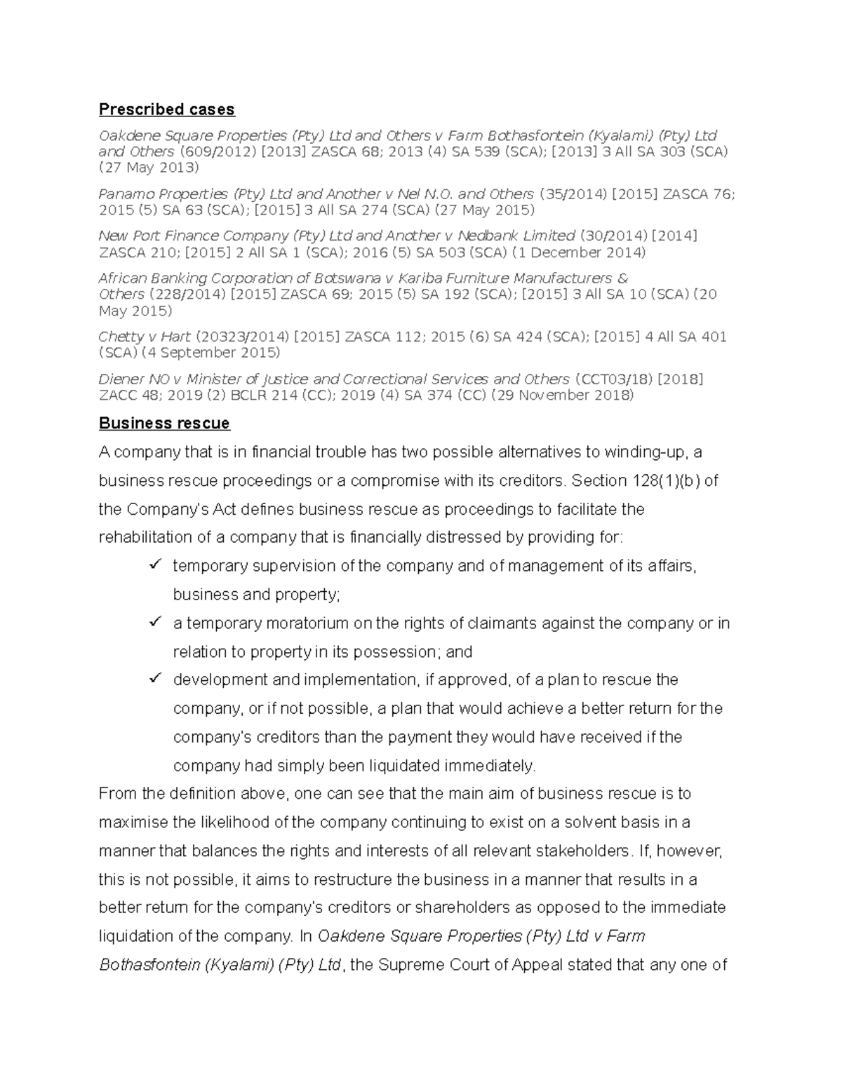 Business rescue notes - Pheleka - Prescribed cases Oakdene Square ...