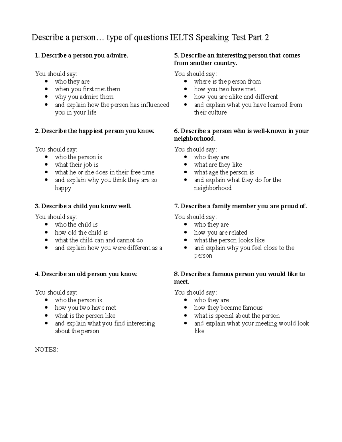 IELTS Speaking Test Part 2: Describing People Topics - Studocu