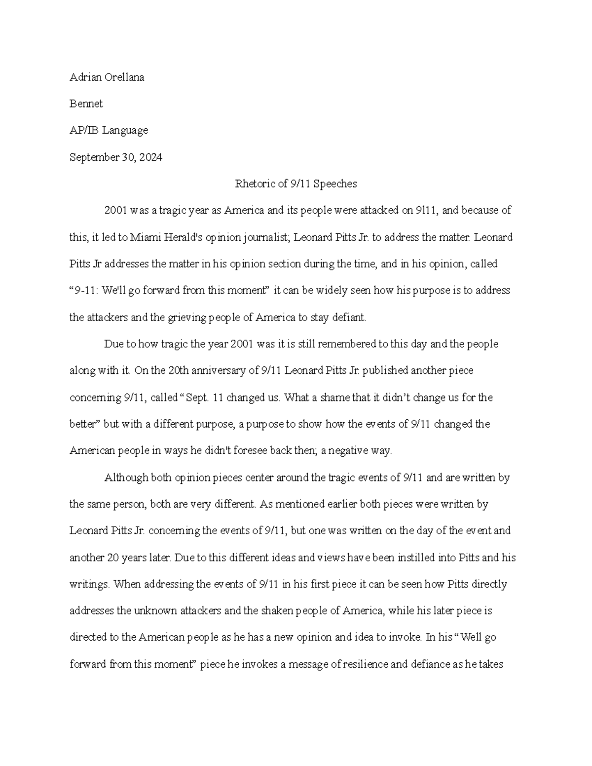 Rhetoric of 9/11 Speeches: Analyzing Leonard Pitts Jr.'s Perspectives ...