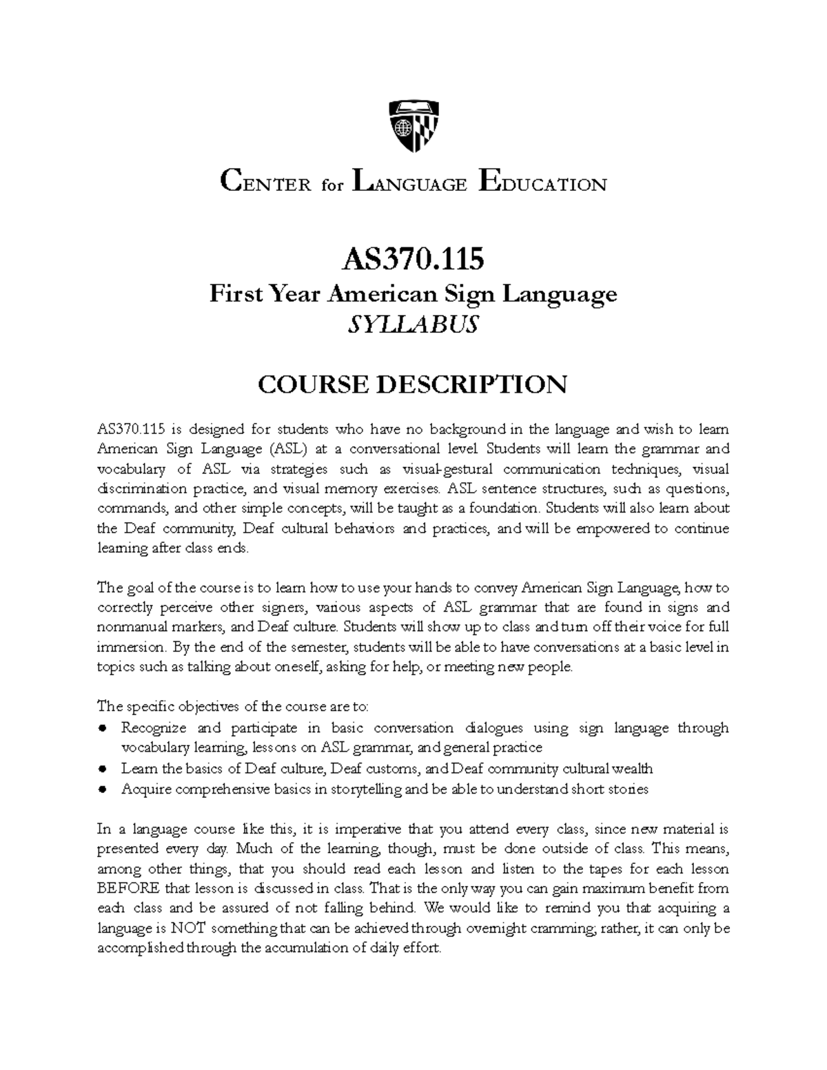 AS370.115 First Year American Sign Language Course Syllabus - Studocu