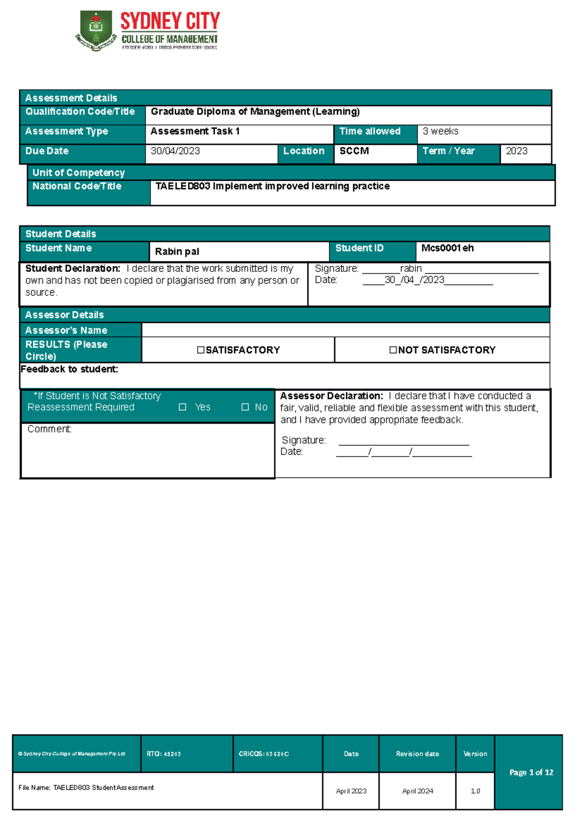 TAELED803 Assessment Task 1: Implementing Improved Learning Practices - Studocu