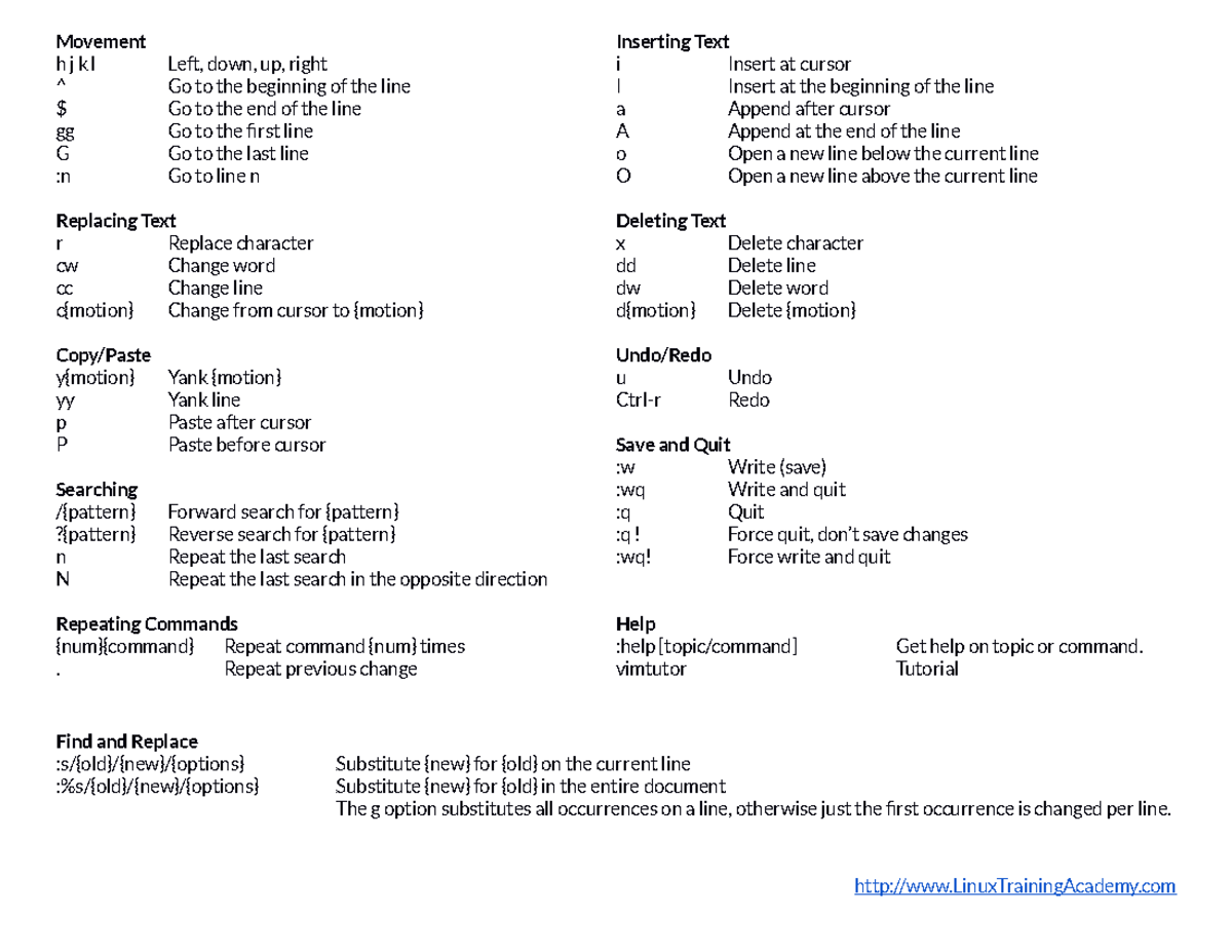 15 vi cheat sheet - VIEDITOR - Movement h j k l Left, down, up, right ...