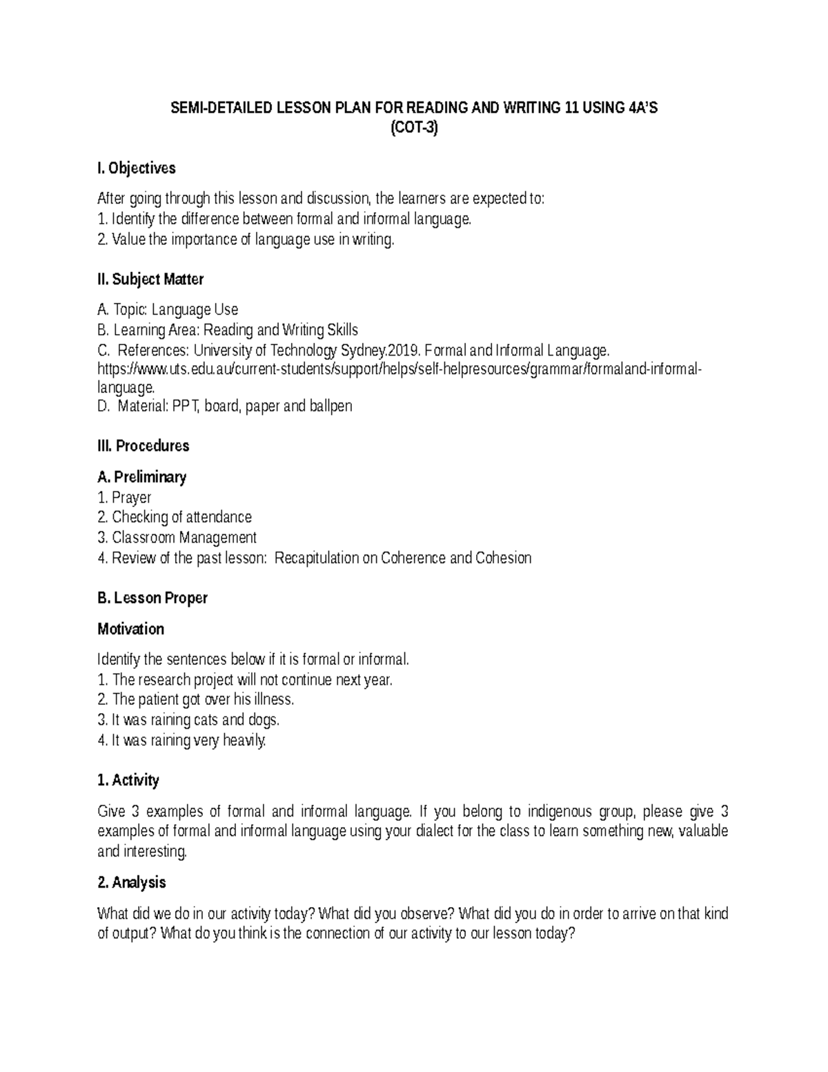 COT-3 Semi-Detailed Lesson Plan for Reading & Writing 11 - Studocu