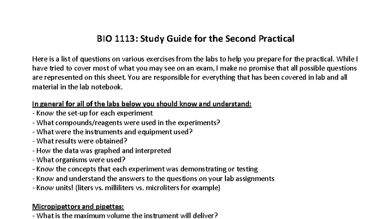 BIO1113 Study Guide for Practical 2: Lab Review Questions - Studocu