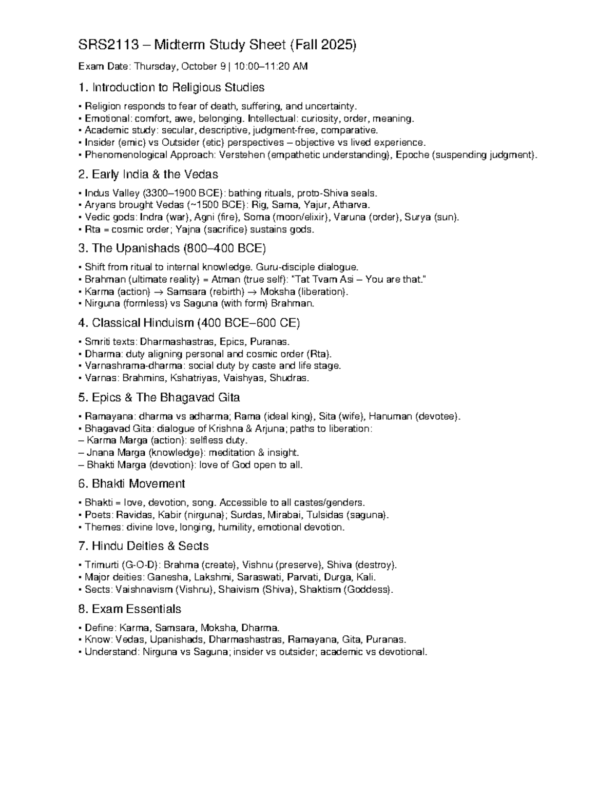 SRS2113 Midterm Study Guide: Key Concepts in Religious Studies - Studocu