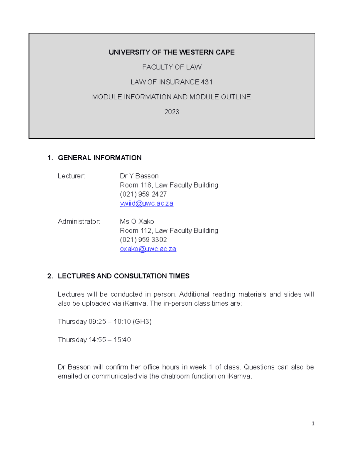 LAW 431 Module Outline and Learning Overview for 2023 - Studocu