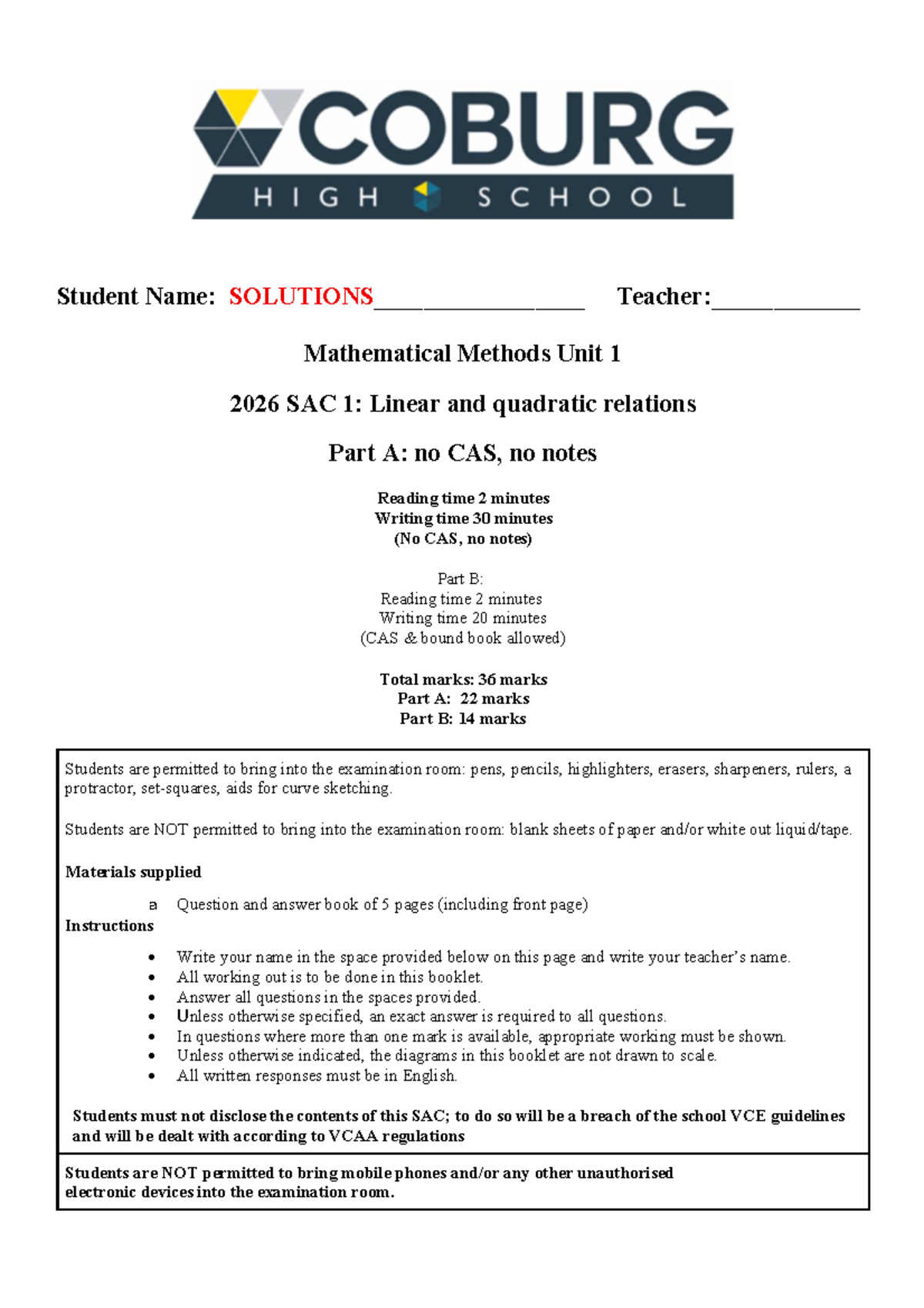 2026 SAC 1: Linear and Quadratic Relations Exam Guide - Studocu