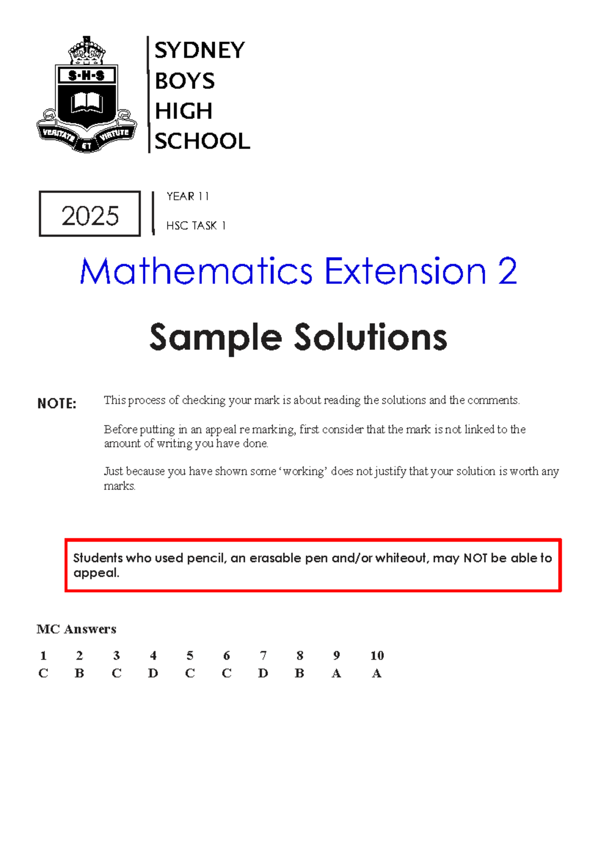 SBHS 2025 Y11 ME2 HSC Task 1 Mathematics Extension 2 Solutions - Studocu