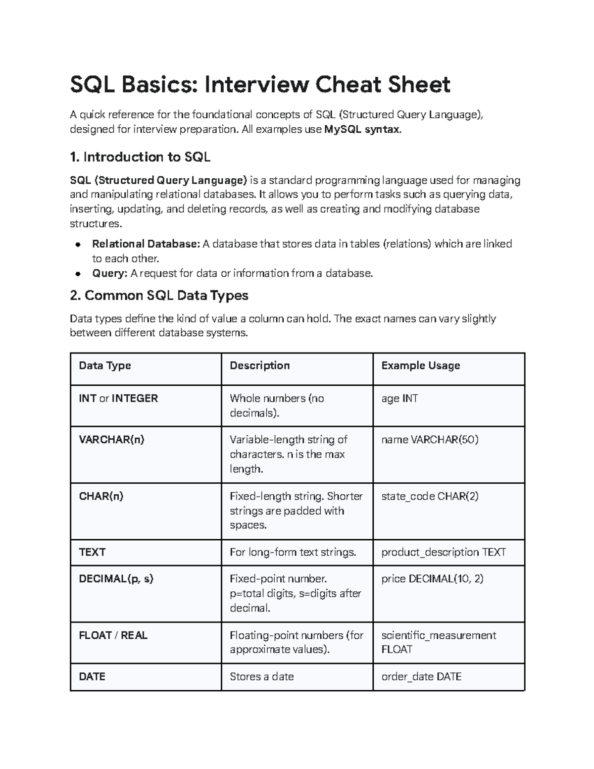 SQL Basics: Interview Cheat Sheet for MySQL Preparation - Studocu