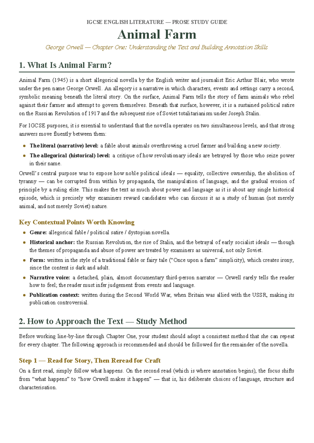 IGCSE ENGLISH LITERATURE: Animal Farm Chapter One Study Guide - Studocu