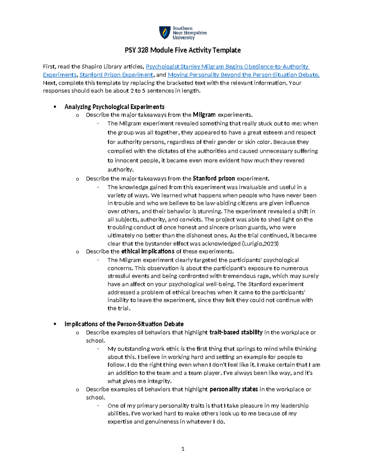 PSY 328 Final Activity on Psychological Experiments and Person ...