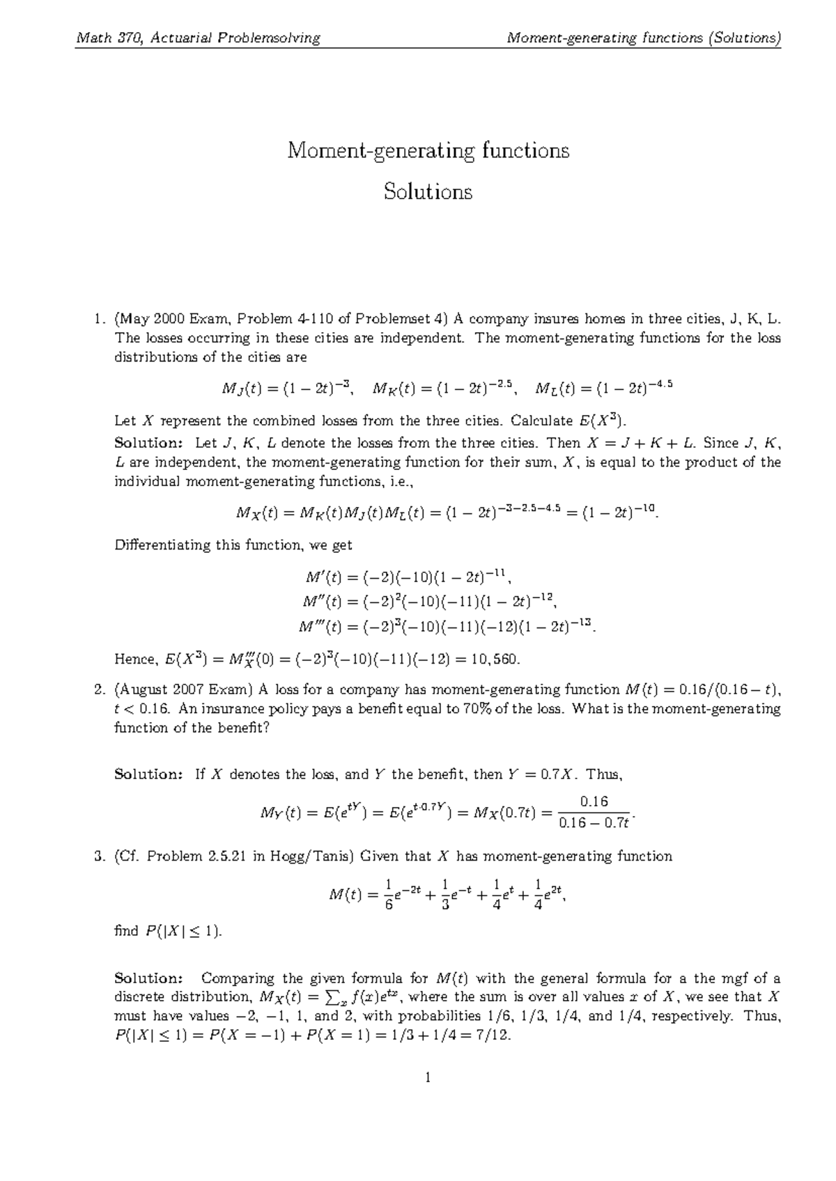 Math 370: Revision Notes on Moment-Generating Functions Solutions - Studocu