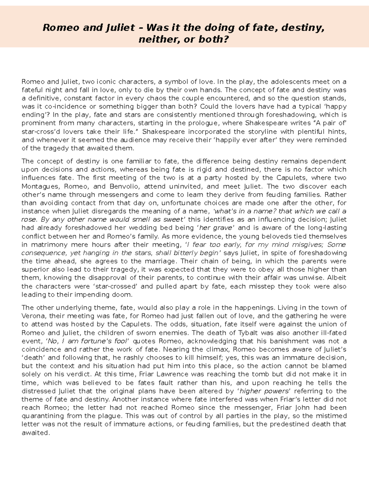 ENG 201 - Final Essay: Exploring Fate and Destiny in Romeo and Juliet ...