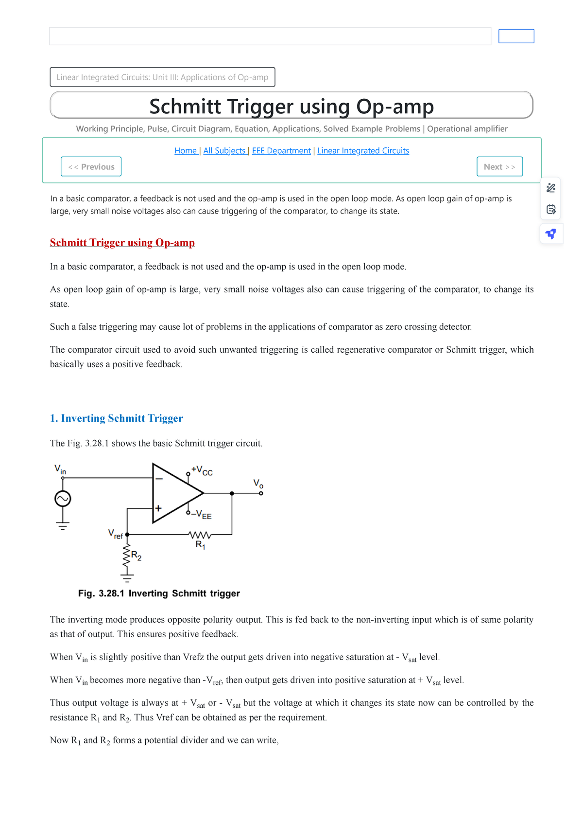 EEE 302: Schmitt Trigger Using Op-Amp - Principles, Diagram, & Applications - Studocu