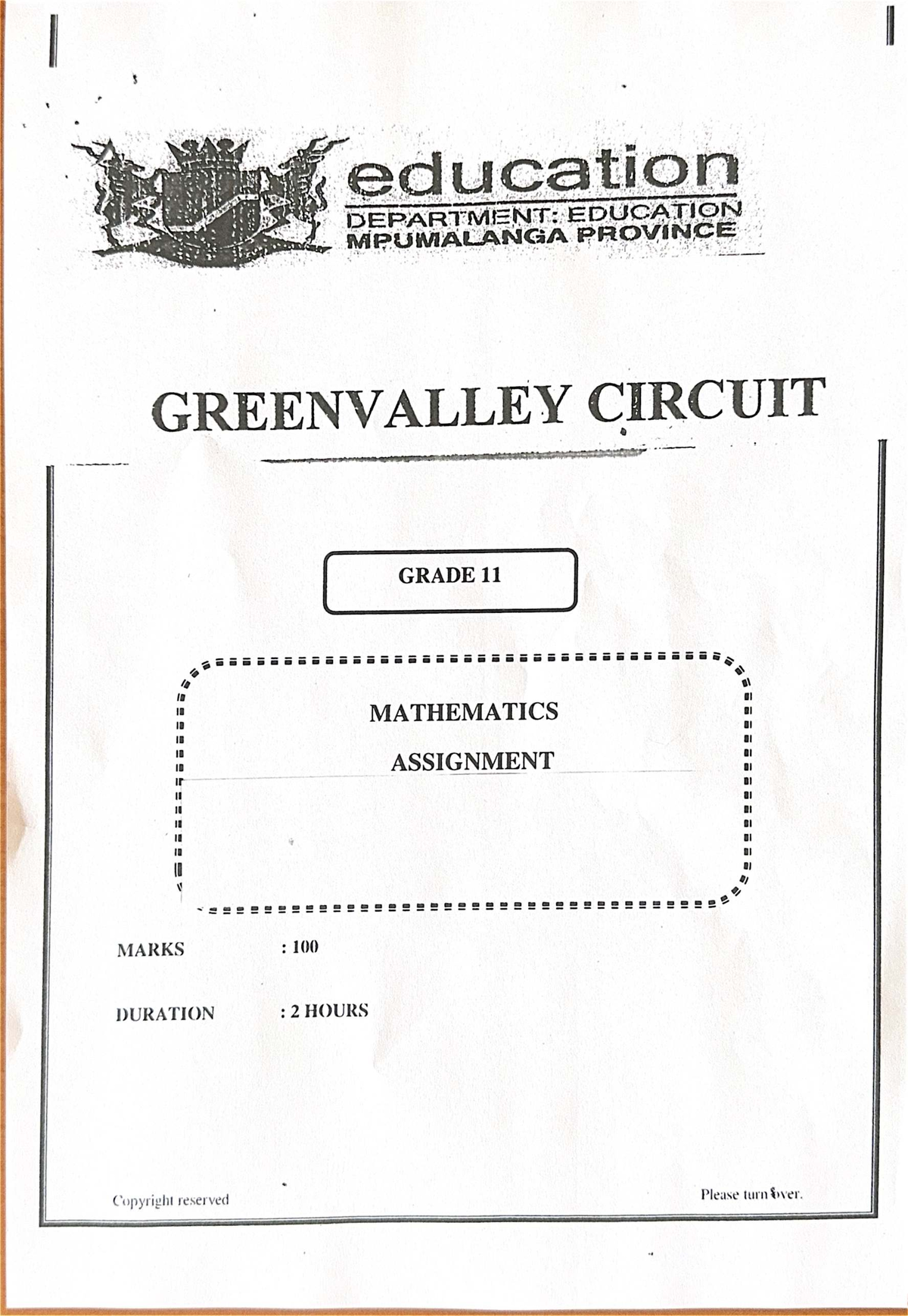 Mathematics Grade 11 Assignment Term 2 2024 - IPUMALANGA PROVINCE - Studocu
