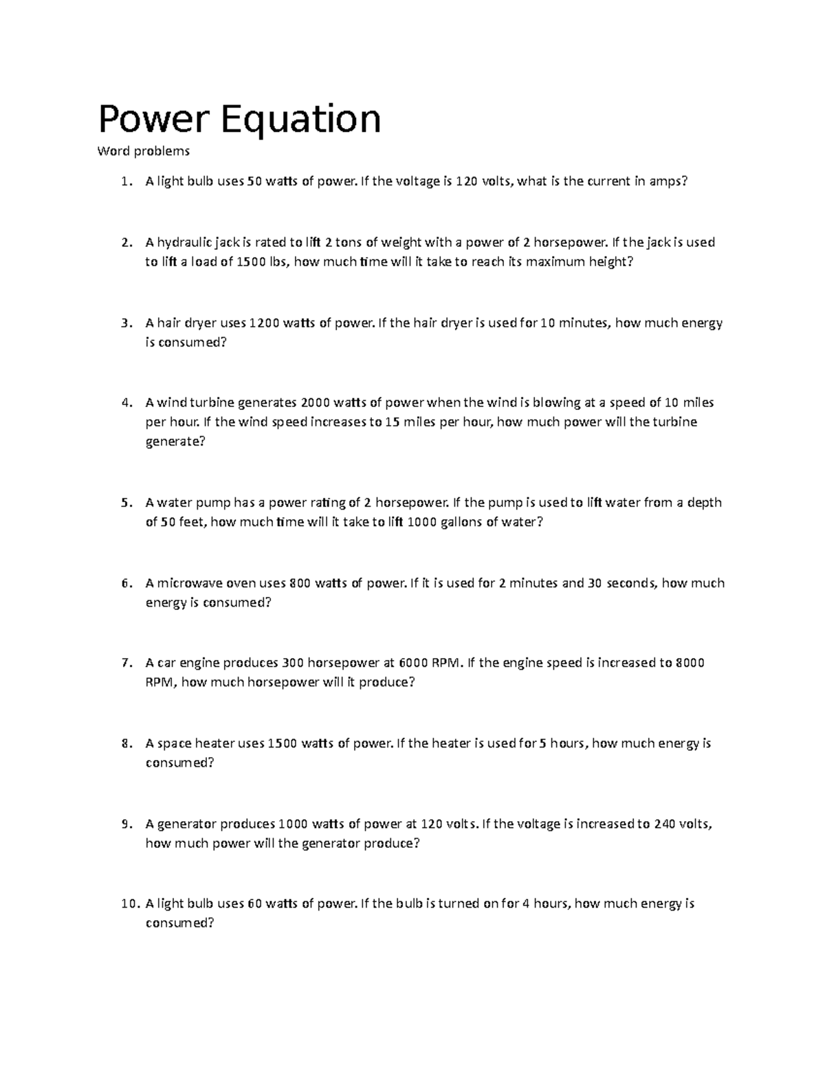 Power Equation - self-made worksheet for fluid mechanics - Power Equation Word problems A light ...
