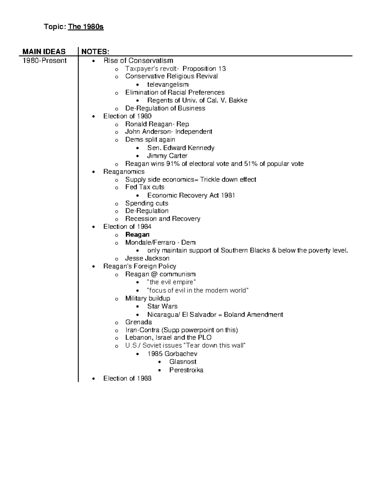 Cornell Notes: The 1980s Overview and Key Events - Topic: The 1980s ...