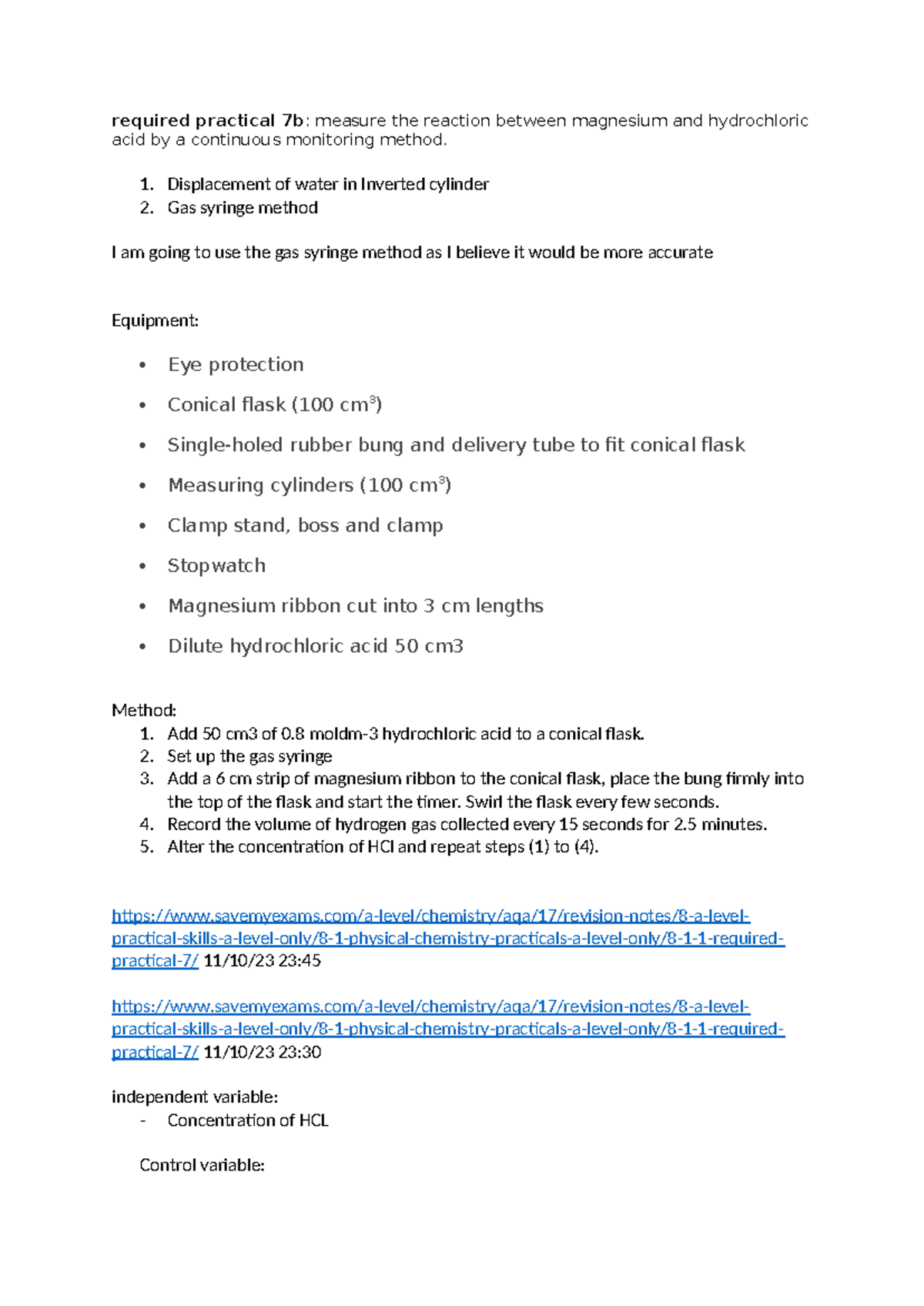 A-Level Chemistry Required Practical 7b: Reaction of Mg + HCl ...