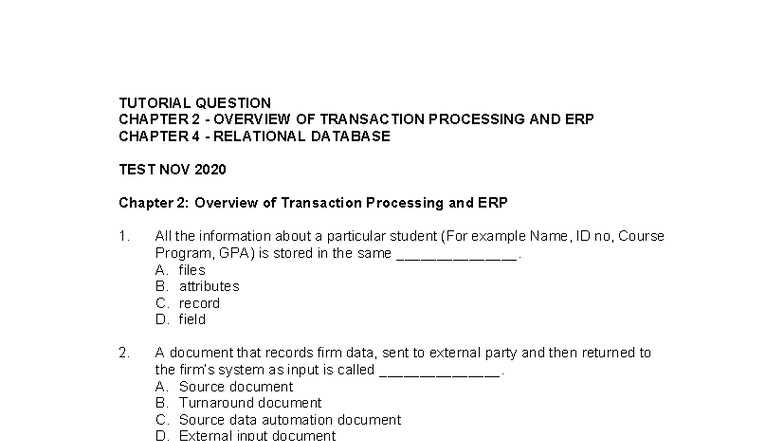 Tutorial Questions CHP 2 & 4: Transaction Processing & Databases - Studocu