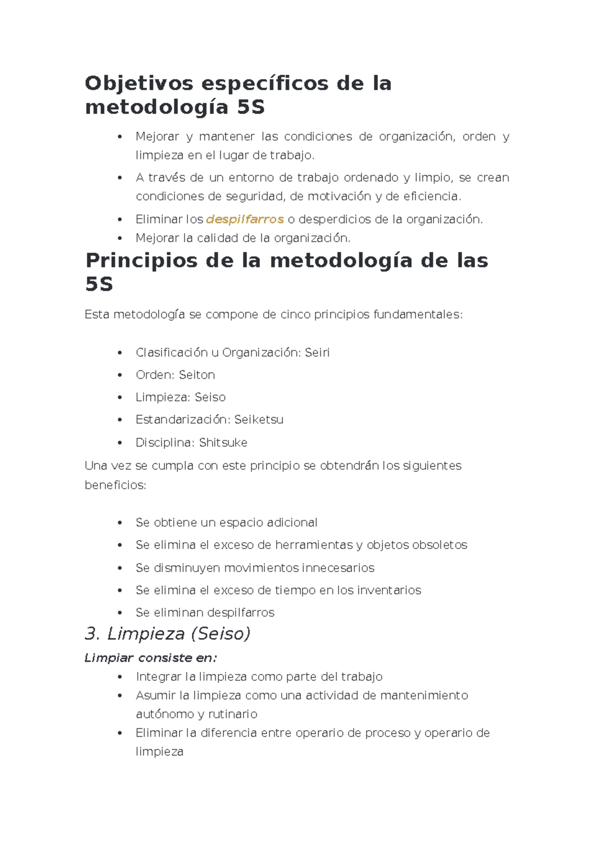 Objetivos y Principios de la Metodología 5S en el Trabajo - Studocu
