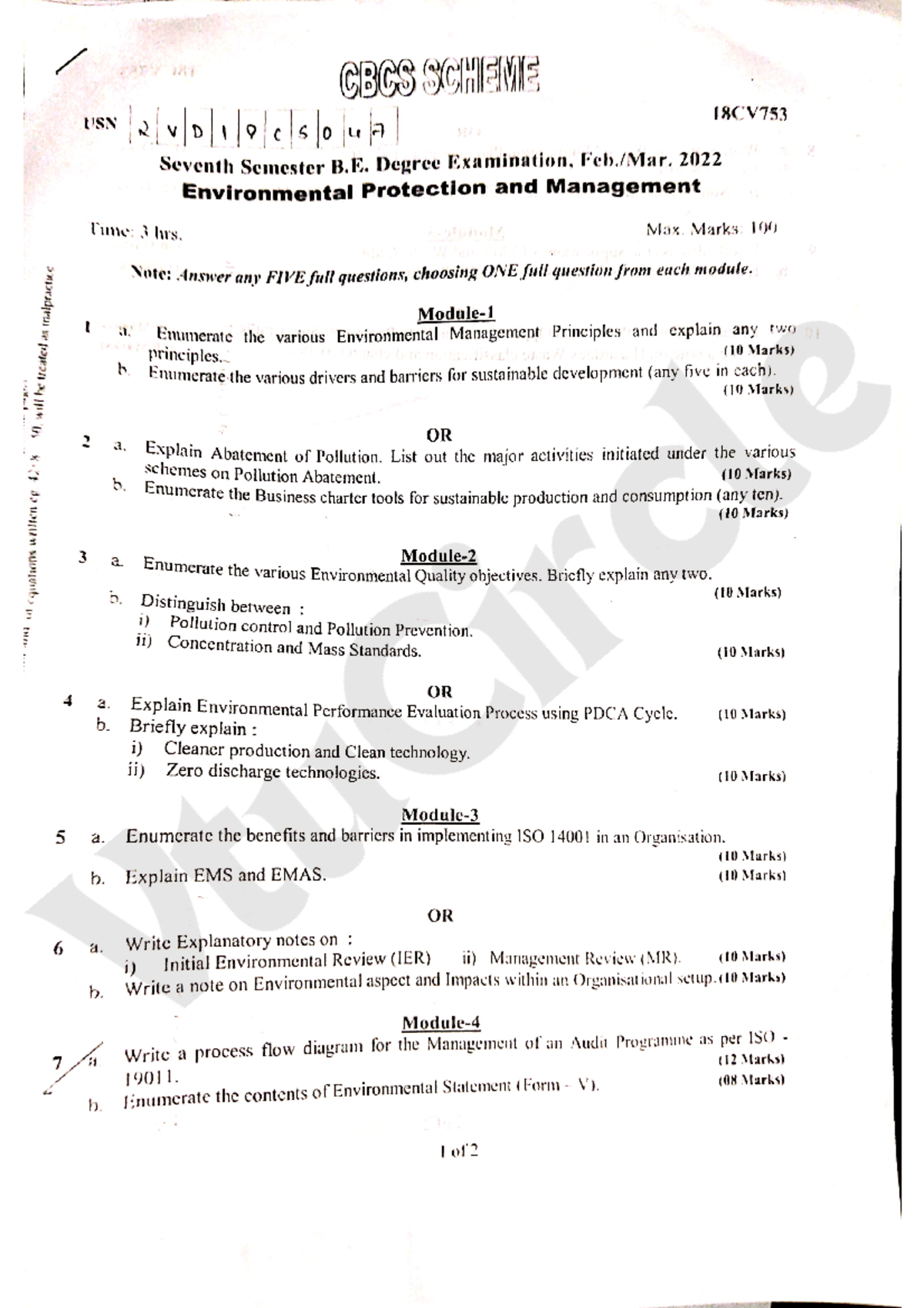 Environmental Protection and Management Previous Year Paper 18CV753 ...