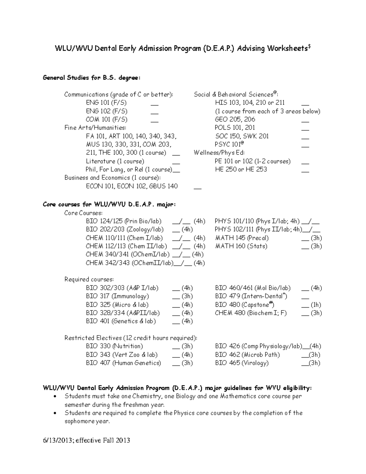 WLU/WVU D.E.A.P. Advising Worksheets - Biology Lab Requirements - Studocu
