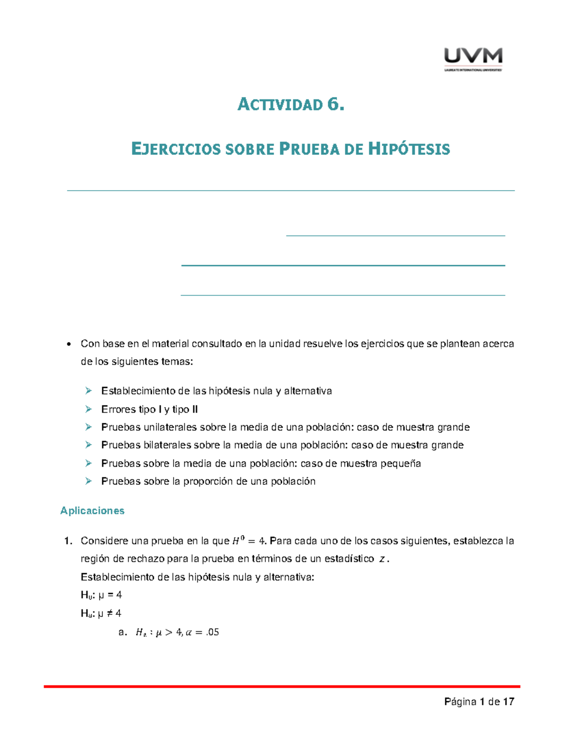 Ejercicios de Prueba de Hipótesis - Actividad 6 (Estadística) - Studocu