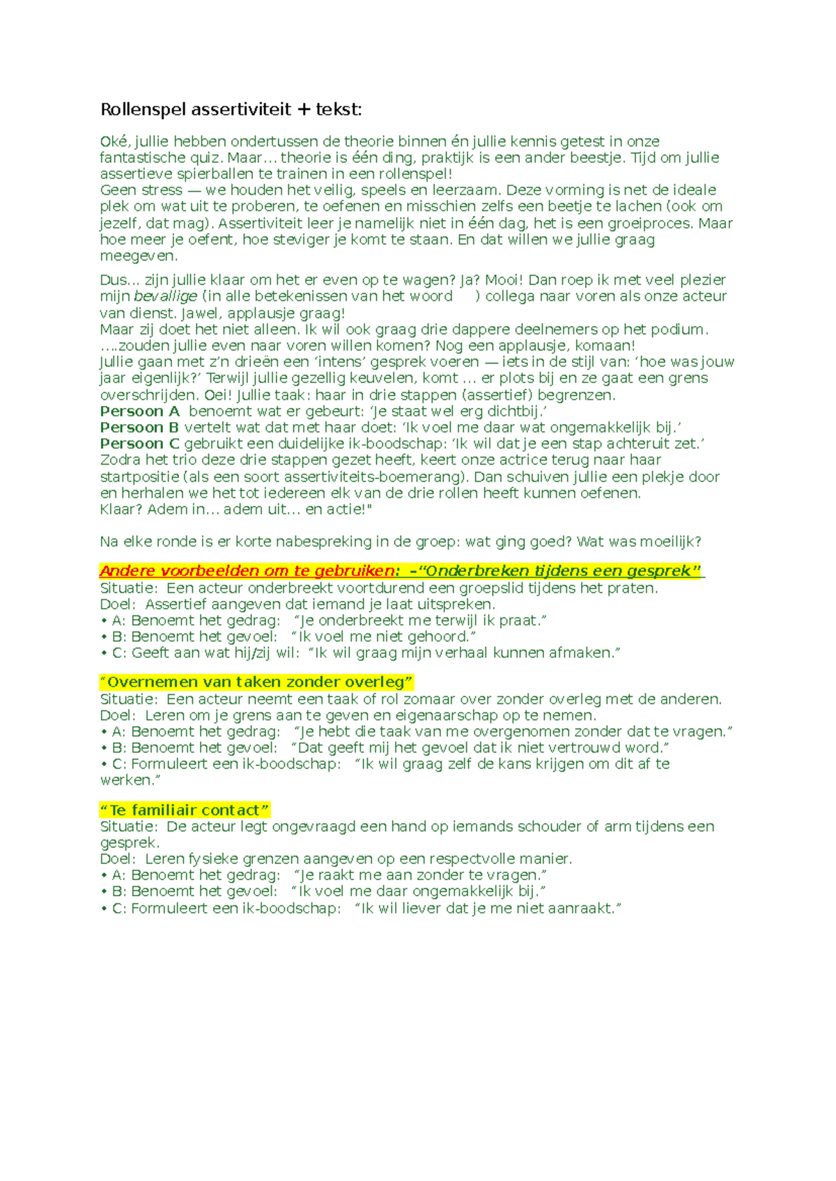 Rollenspel Assertiviteit: Oefeningen en Situaties voor Training - Studocu
