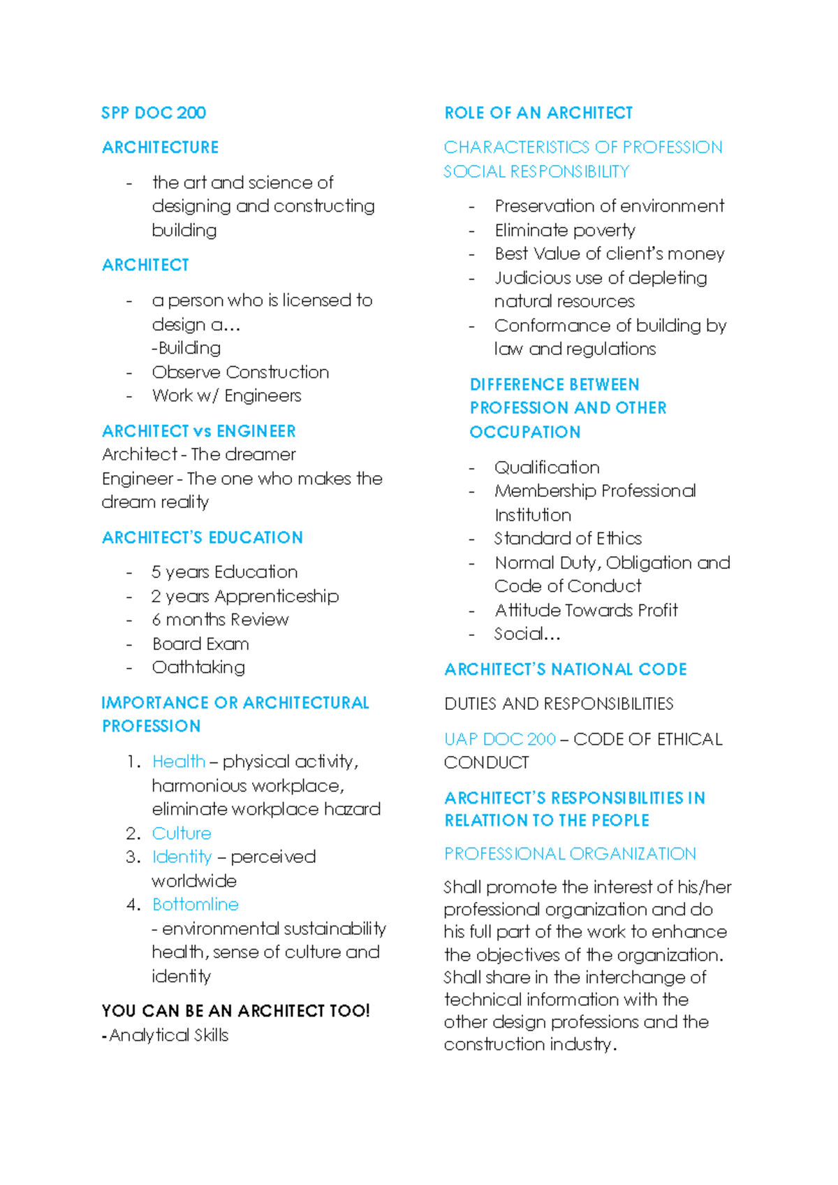 PP2-MT - Summary of SPP Doc 200-203: Role of Architects and Ethical Standards - Studocu