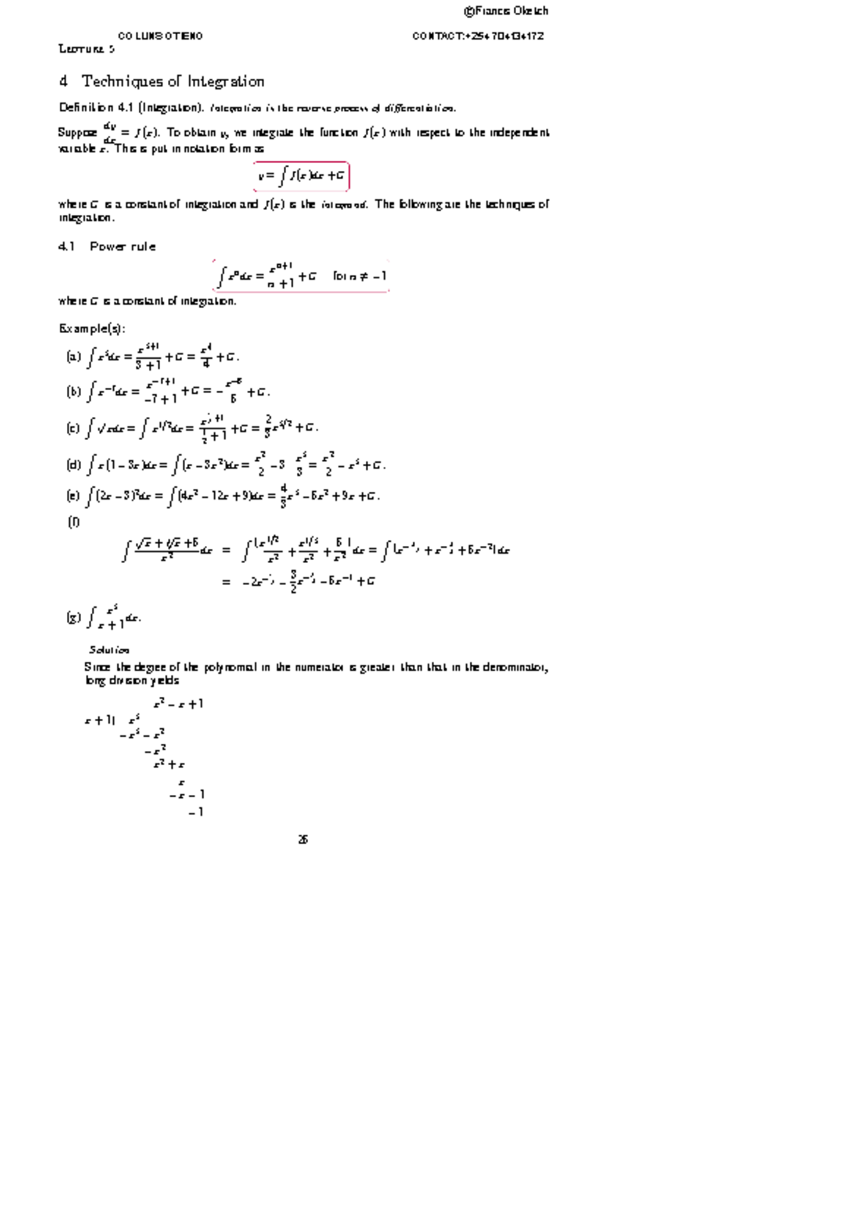 Calculus-II Lec Notes (Set 2) - cFrancis Oketch Lecture 5 4 Techniques ...