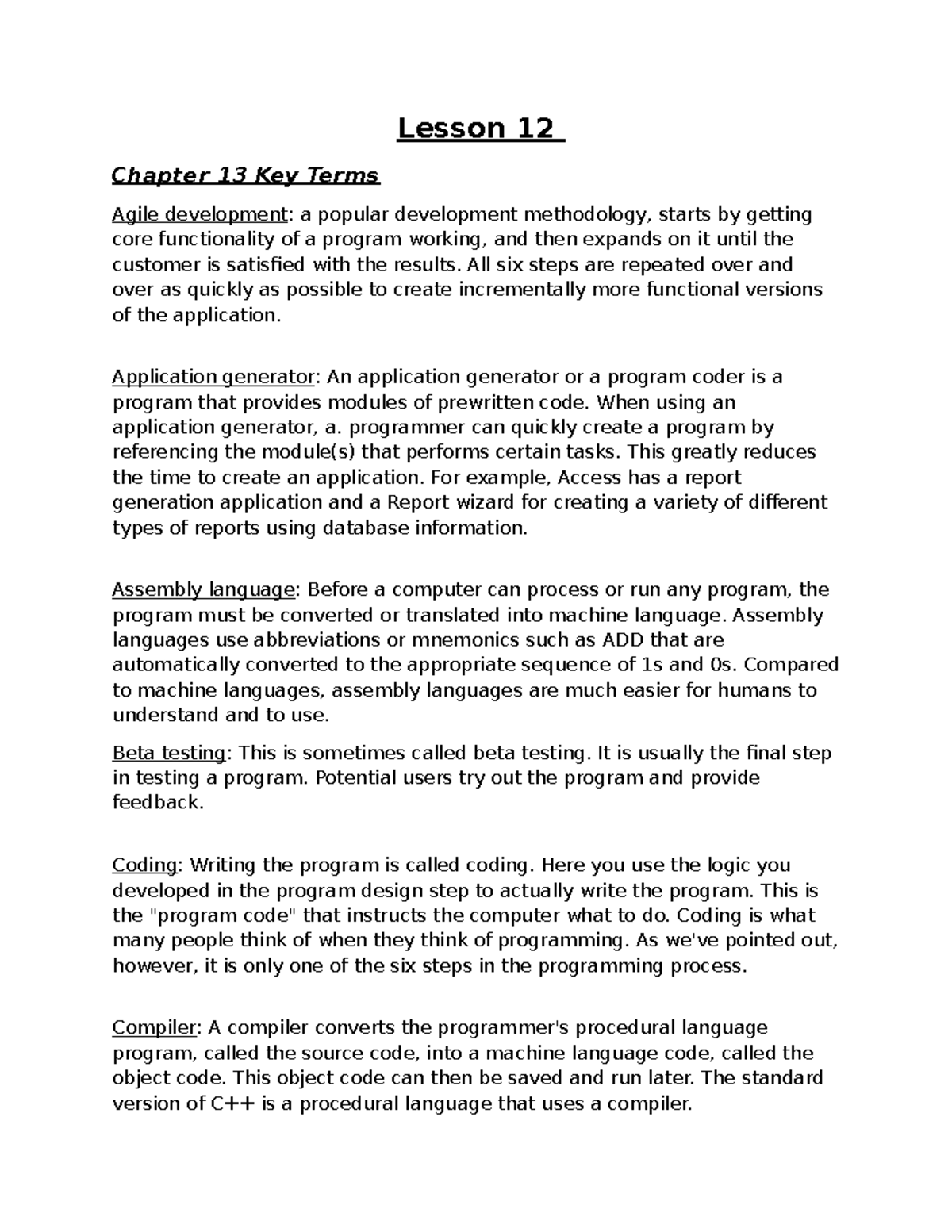 Lesson 12 - Key terms in computer concepts and agile development - Studocu