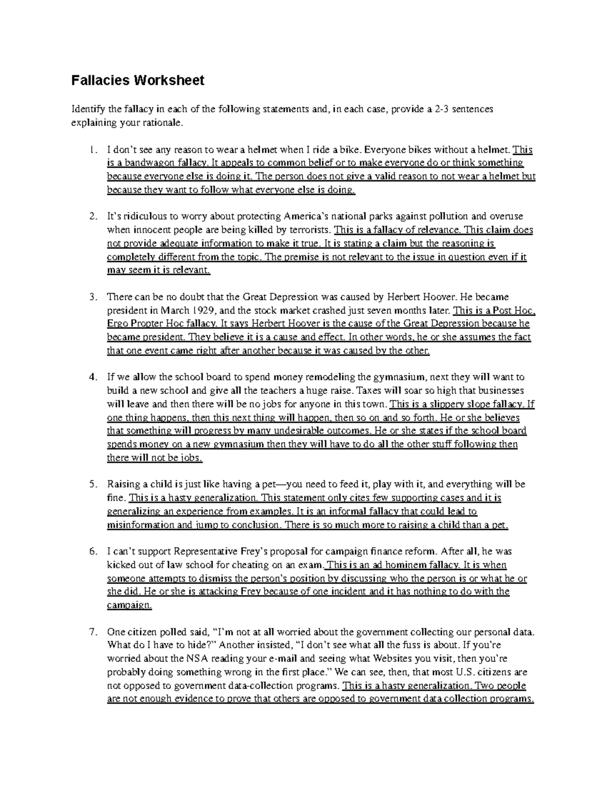 Identifying and Analyzing Common Fallacies: Worksheet - Studocu