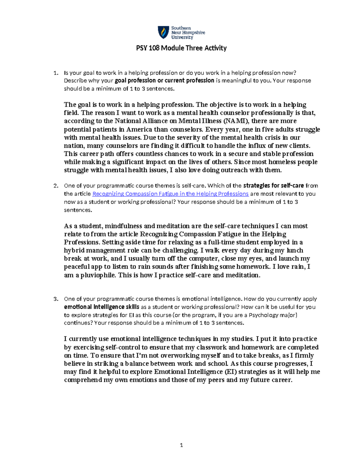 PSY 108 Module 3 Activity: Goals, Self-Care & Emotional Intelligence ...