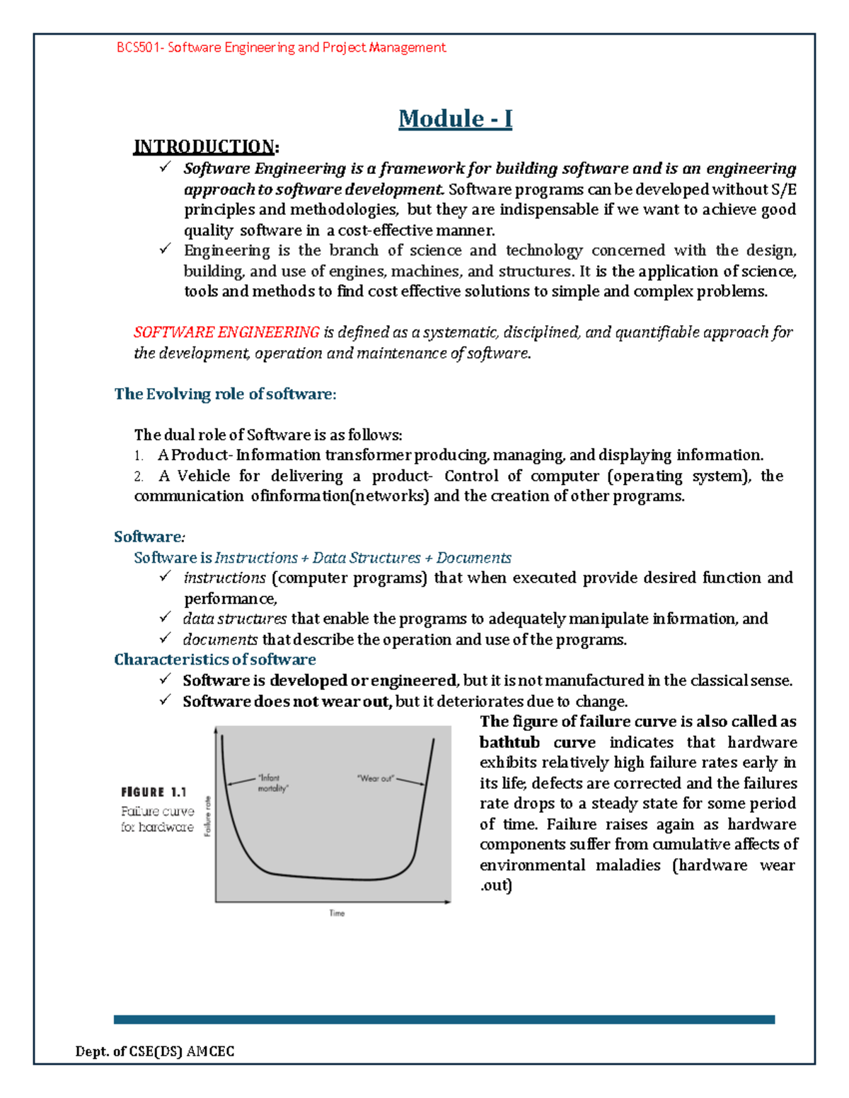 CSE(DS) AMCEC Software Engineering & Project Management: Module I ...