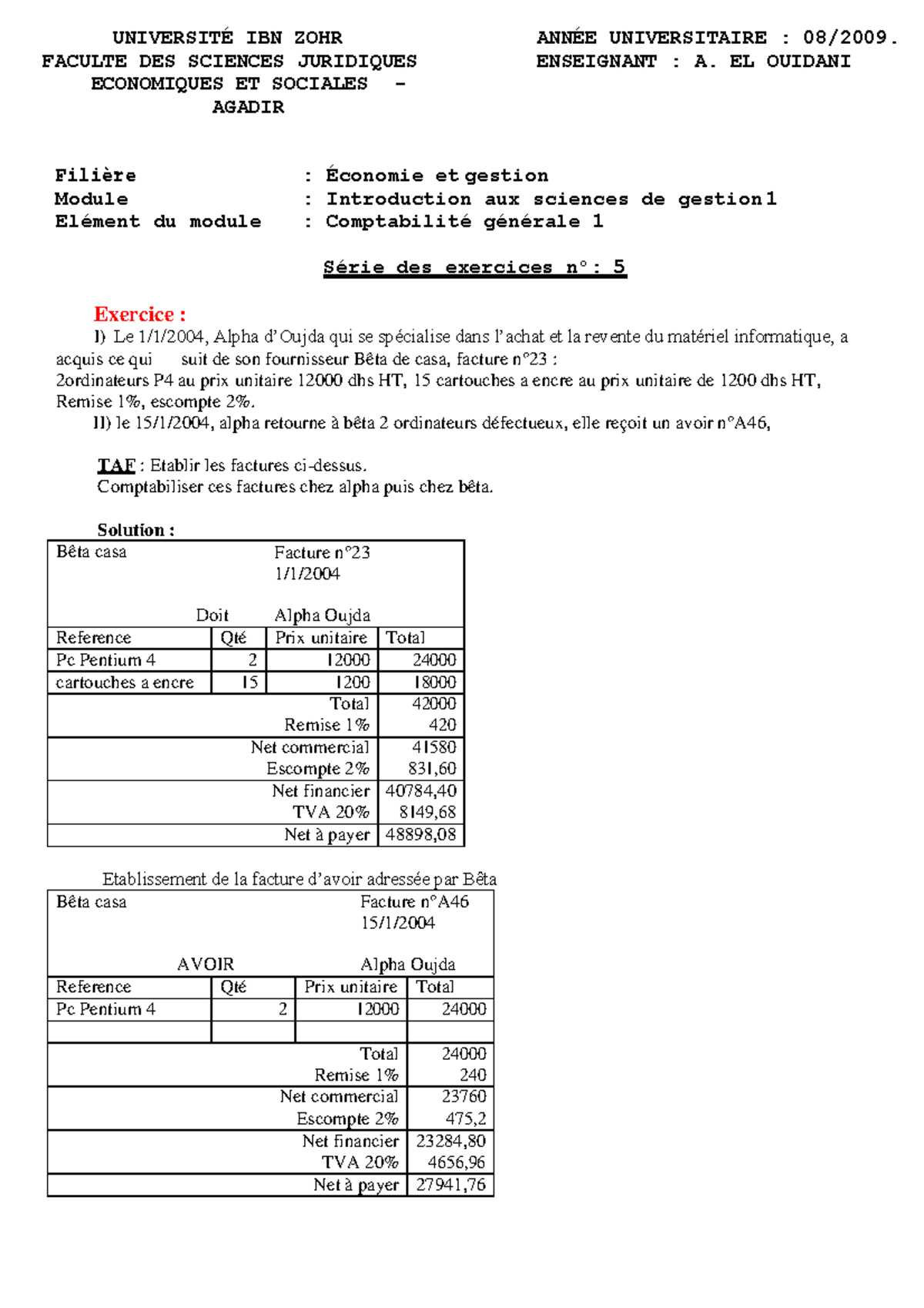 Série des Exercices Corrigés de Comptabilité Générale 1 S1 PDF - Studocu