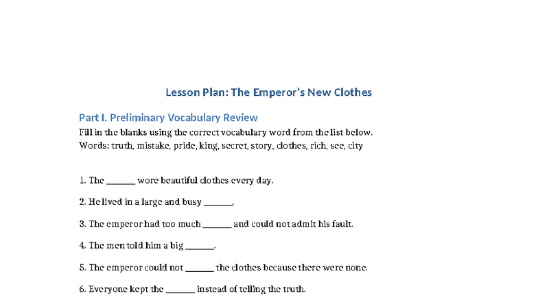 Lesson Plan: The Emperor's New Clothes Simplified - Studocu