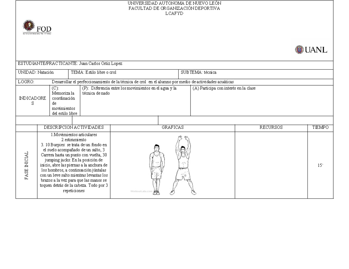 Plan de Clase para Natación 1: Técnica de Crol y Actividades - Studocu
