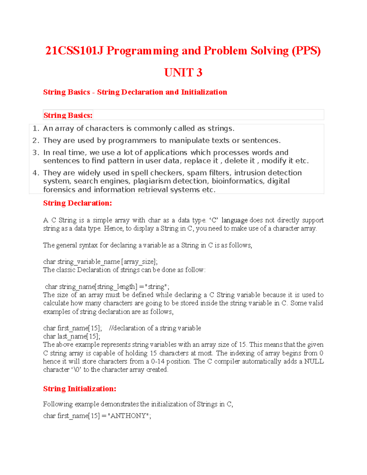 21CSS101J Programming and Problem Solving Unit 3 Notes on Strings - Studocu