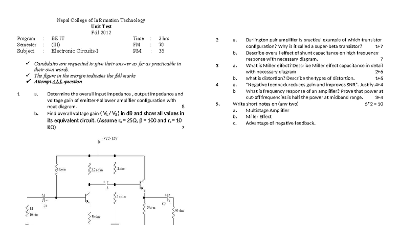 Electronic Circuits I Unit Test Fall 2012 - Nepal College of IT - Studocu