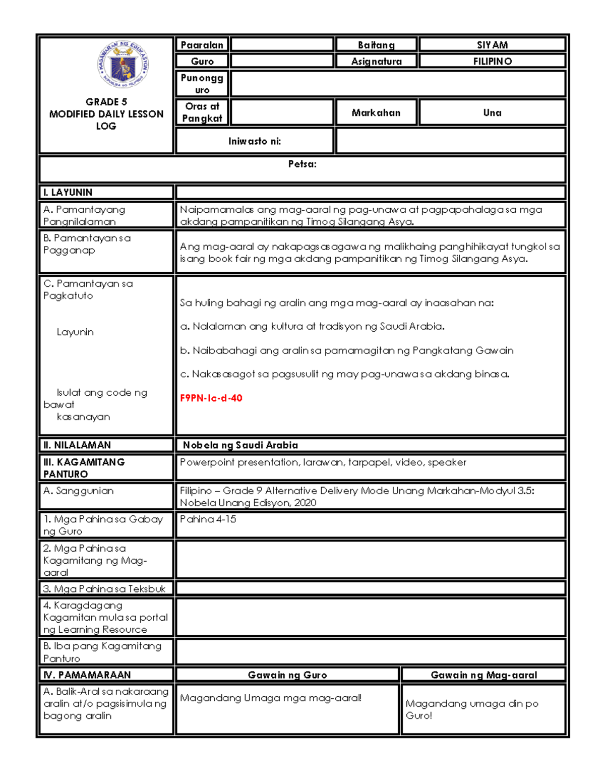 Filipino 9 Daily Lesson Log on Novels of Saudi Arabia - Studocu