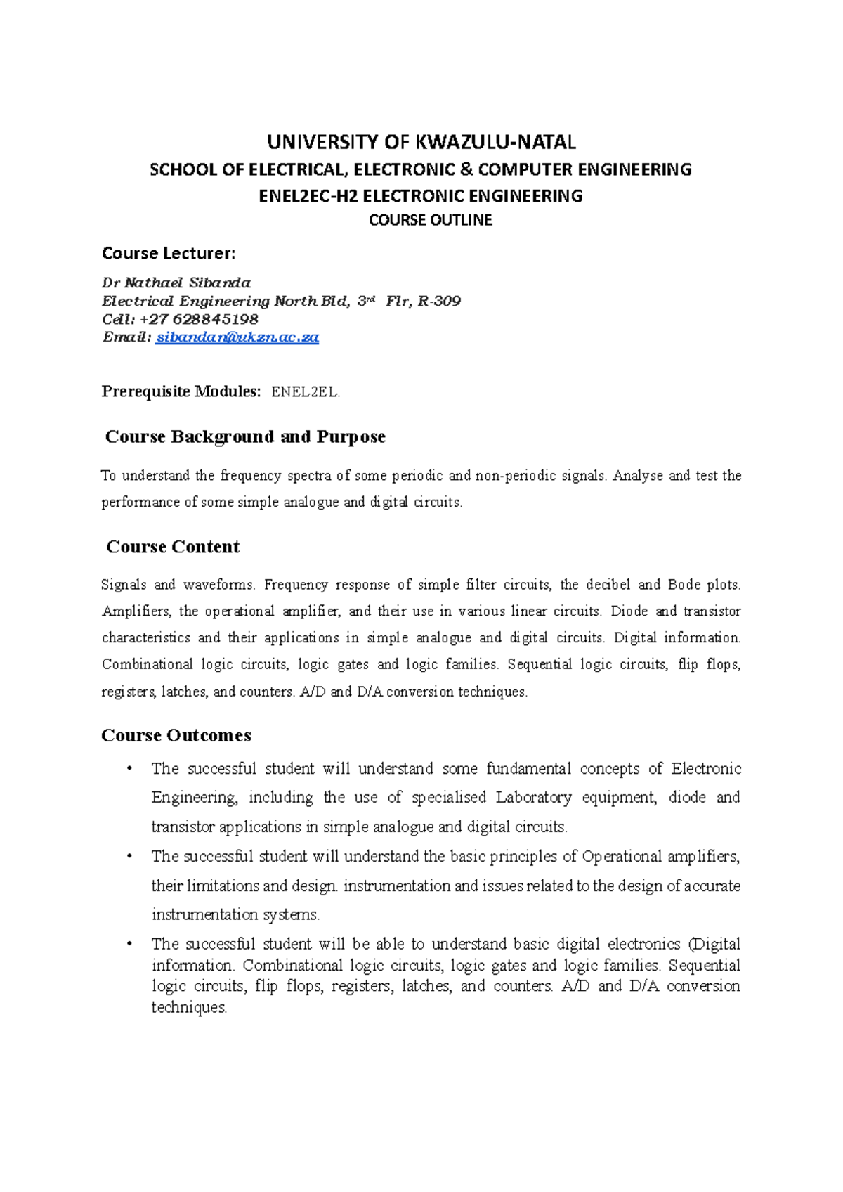 ENEL2EC Electronic Engineering Course Outline 2025 - Studocu