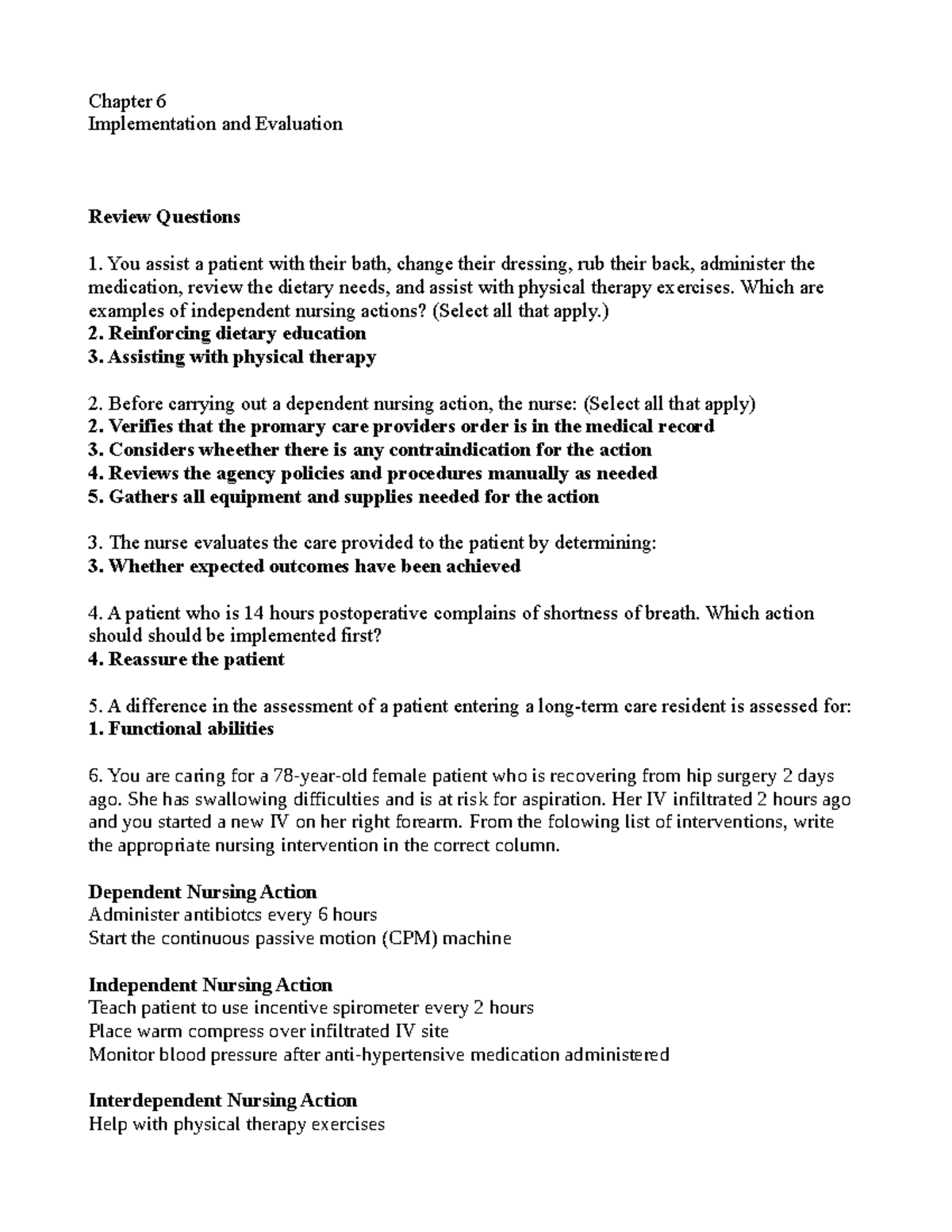 Chapter 6 - Nursing Process Implementation & Evaluation Q&A - Studocu