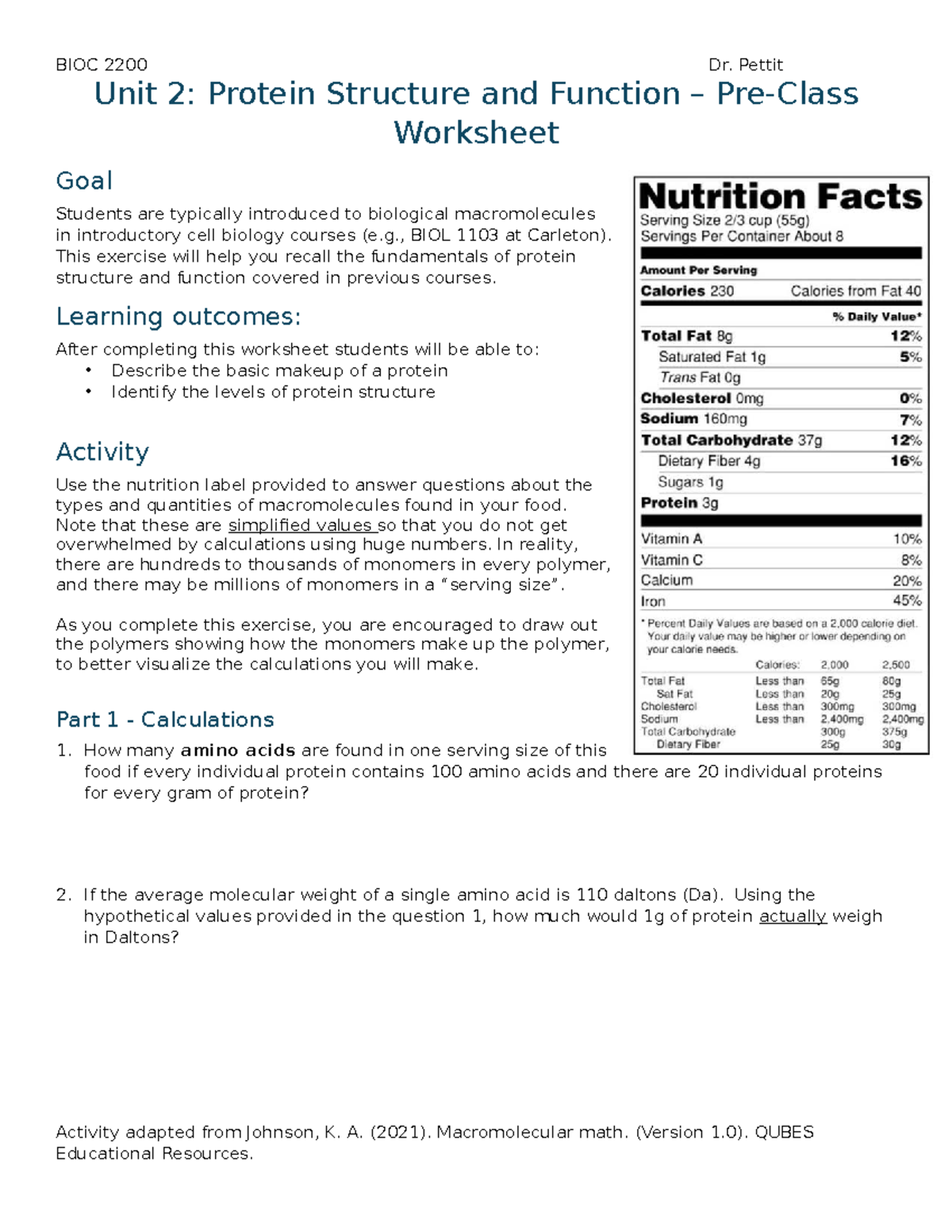 BIOC 2200 Unit 2: Protein Structure & Function Pre-Class Worksheet ...