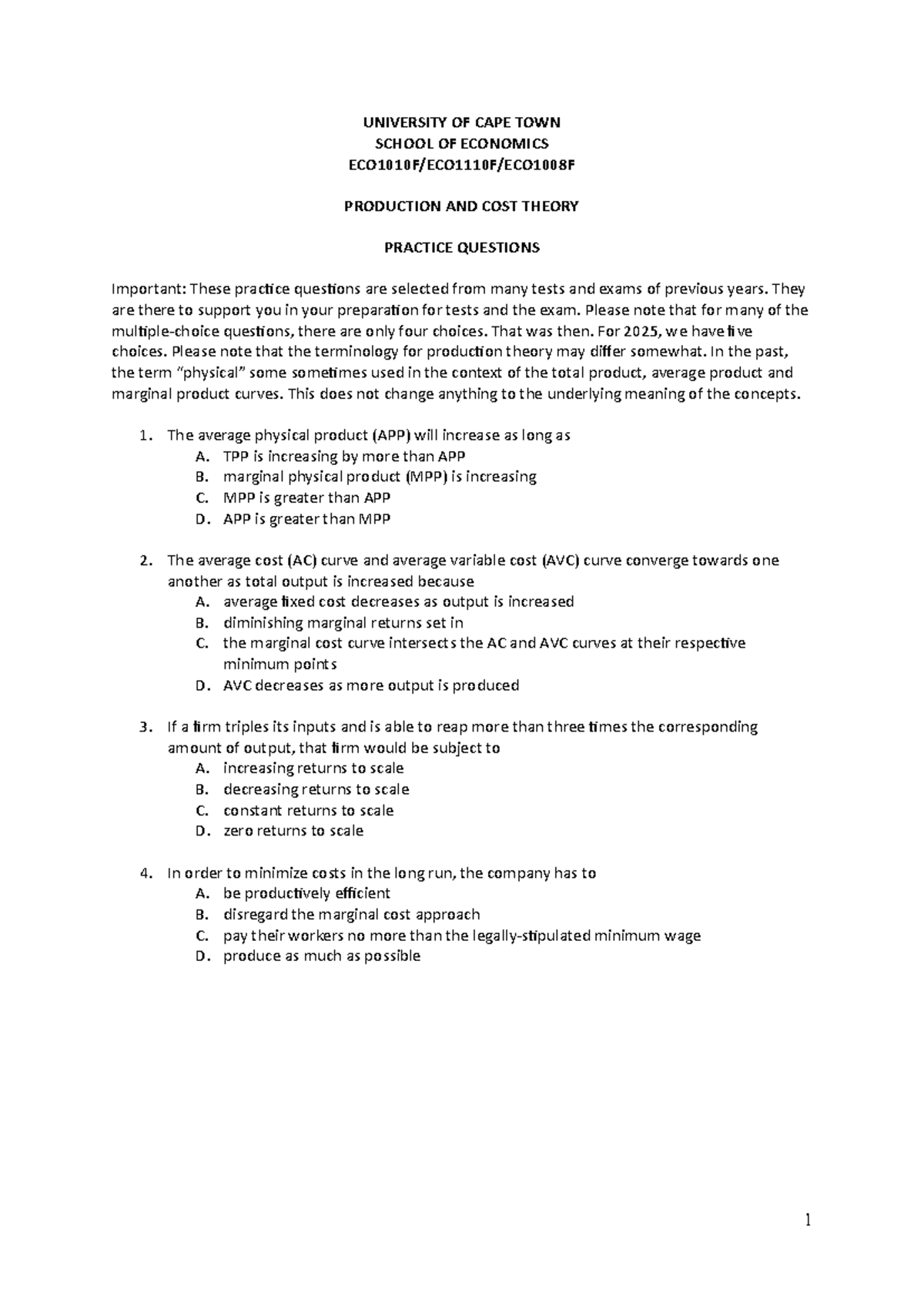 UCT ECO 101: Production and Cost Theory Practice Questions - Studocu